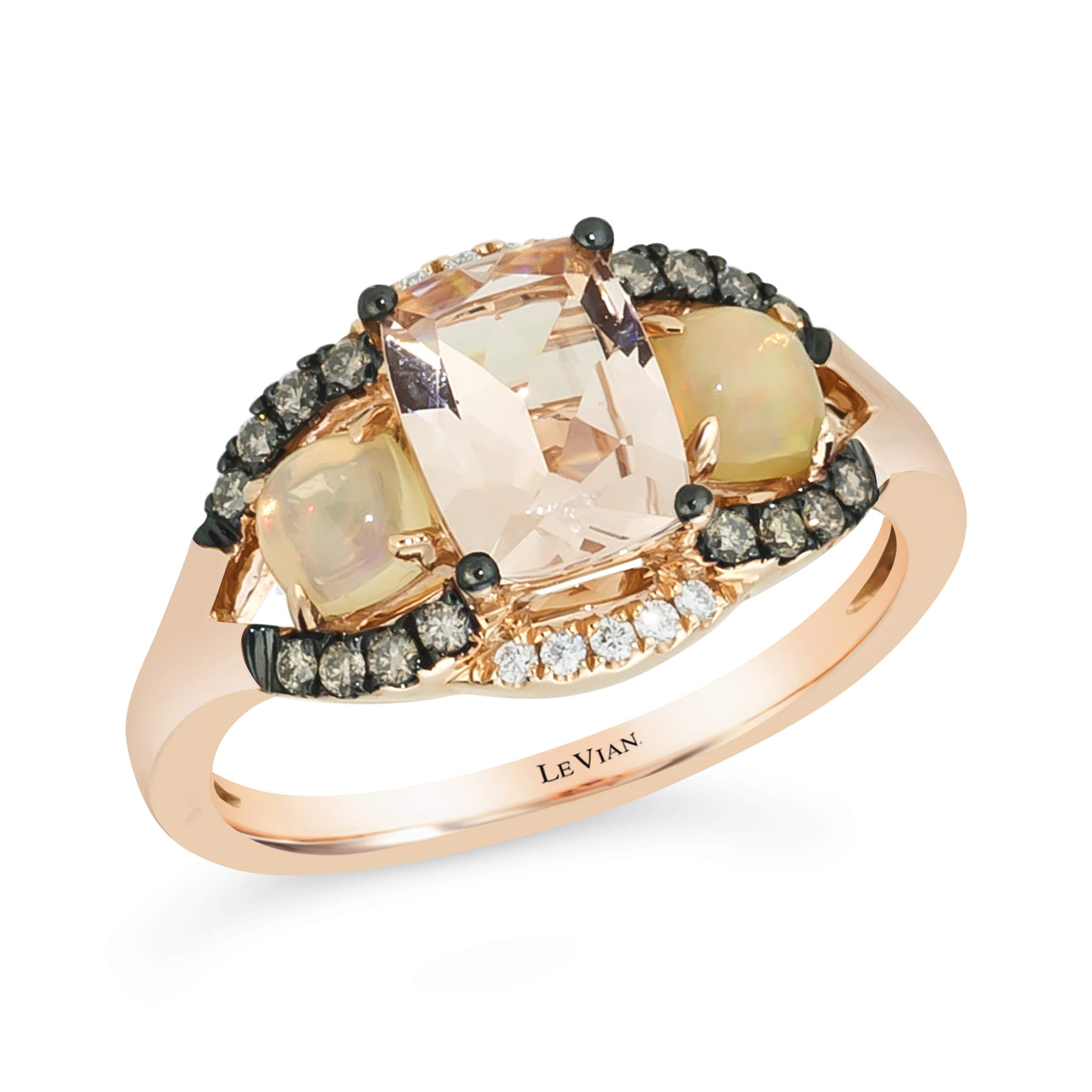 LE VIAN 1/6 Carat Diamond, Morganite and Opal Split Shank Ring for Women in 14k Rose Gold (Fancy Brown/G-H, VS2-SI2, cttw) Triple Stone Promise Anniversary Ring Size 7