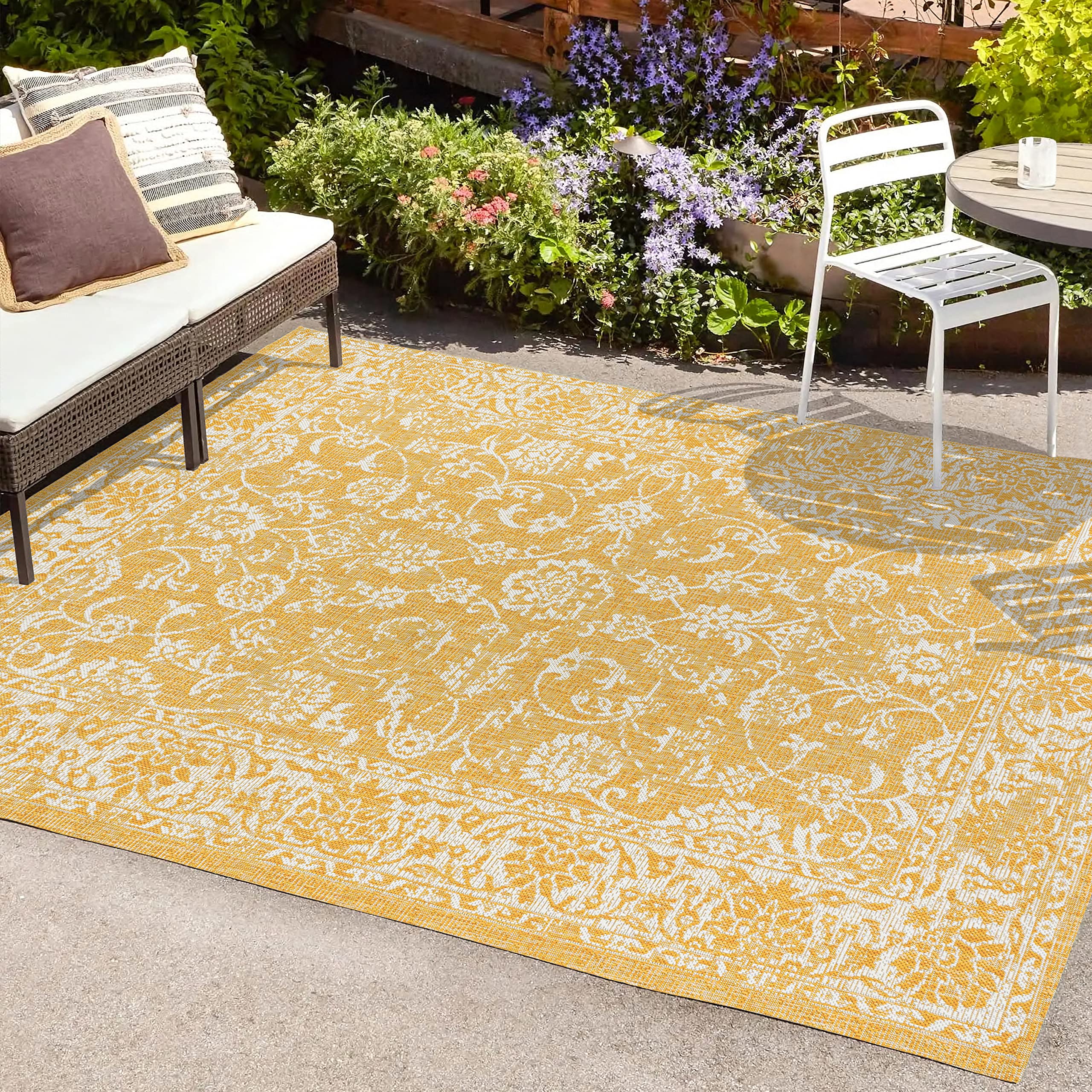 JONATHAN Y SMB100E-3 Tela Bohemian Textured Weave Floral Indoor Outdoor Area Rug Coastal Vintage Rustic Glam Easy Cleaning,Bedroom,Kitchen,Backyard,Patio,Non Shedding, 3 X 5, Yellow/Cream