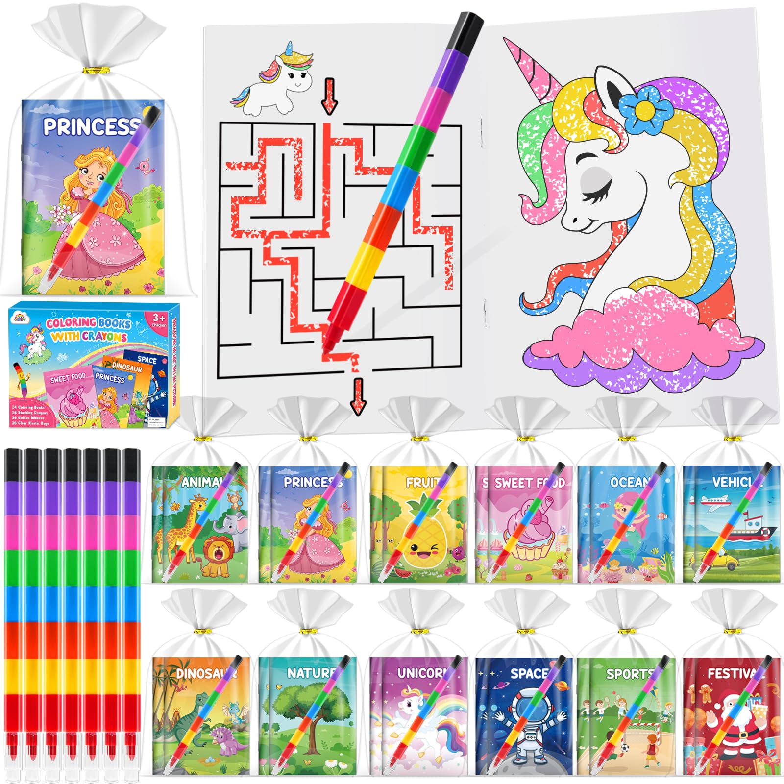 ZMLM 24 Coloring Books for Kids Party Favors with 24 Stacking Crayons Set 26 Gift Bags, Mini Coloring Books for Ages 4-8 Small Activity Books for Birthday Classroom Christmas Gifts Goodie Bag Stuffers