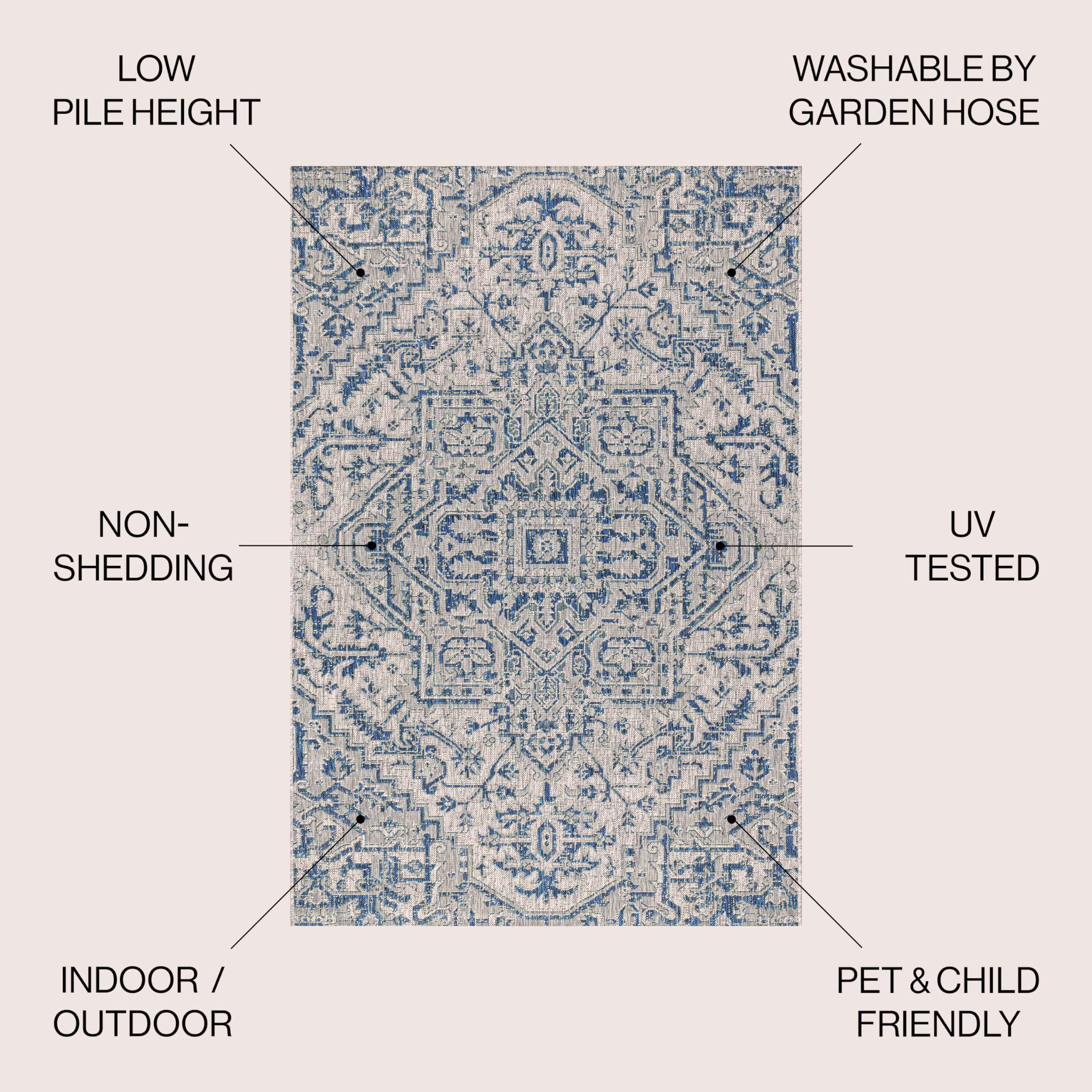 JONATHAN Y SMB105B-9 Estrella Bohemian Medallion Textured Weave Indoor Outdoor Area Rug Coastal Bohemian Rustic Glam Easy Cleaning Bedroom Kitchen Backyard Patio Non Shedding, 9 X 12, Navy/Gray