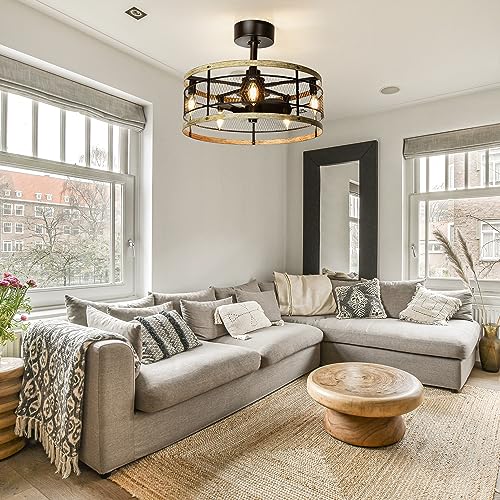 YITAHOME 20'' Modern Enclosed Ceiling Fan Indoor with Remote Control, Caged Industrial Ceiling Fan, Reversible Motor, 6 Speeds, Timer, for Living Room, Bedroom, Kitchen, Black & Oak