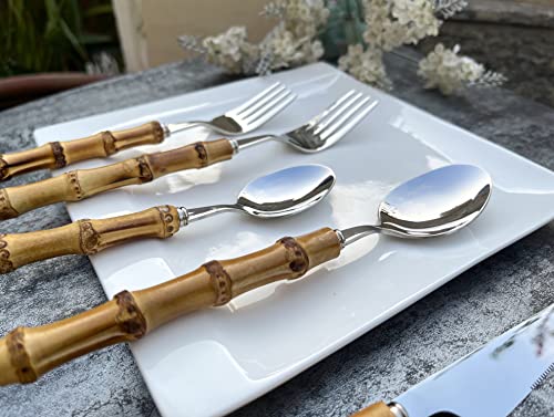 Nature Real Bamboo Handle Flatware 5-Piece Set, Stainless Steel 18/10 Food Safety Grade Silverware Cutlery Set Eating Utensils Matte Silver (Nature bamboo 5 pcs set)