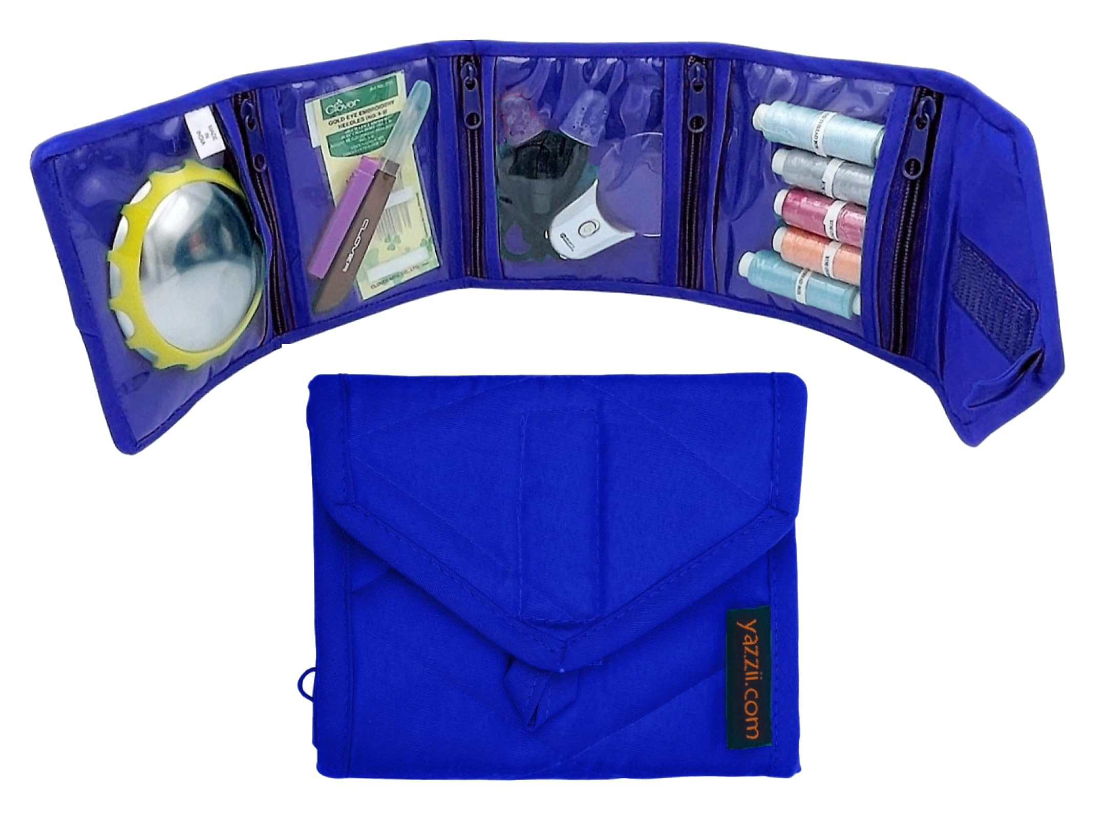 Yazzii Craft Travel Wallet - Portable & Multifunctional Craft Purse - 4 Pocket Organizer for Notions, Credit Cards, Jewelry, Accessories, Medicine, & More! Royal Blue
