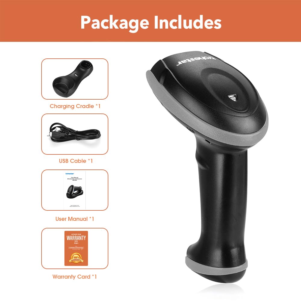 Trohestar Wireless 1D 2D QR Barcode Scanner, Compatible with Bluetooth Function & 2.4GHz Wireless & Wired Connection Bar Code Reader Scanner with Charging Cradle for Supermarket Retail Warehouse