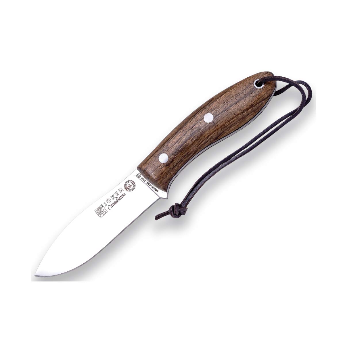 Joker Hunting Knife Canadiense CN114-P, Walnut Wood Handle, with Leather Sheath, Blade 4.13 inches of SANDVIK 14C28N, Includes Fire Starter, Tool for Fishing, Hunting, Camping and Hiking