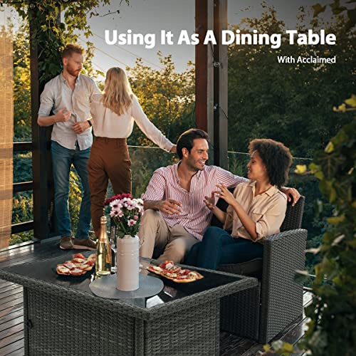 Rectangular Fire Pit Table, 40 inch Propane Fire Pit Table, PE Wicker, Fire Stone Wind Guard Rain Cover Included, Hidden Tank Holder, Black Tempered Glass Tabletop, 55,000 BTU