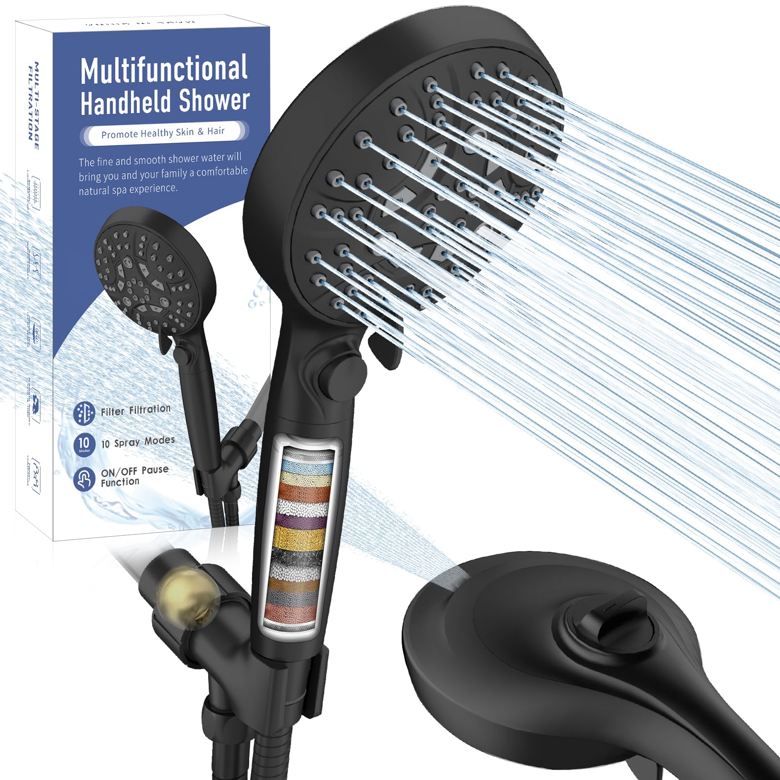 JONKEAN Handheld Water Softener Shower Head with Filter for Hard Water, Detachable Powerful Hand Held Shower Heads High Pressure, Pause Filtering Shower Head to Remove Chlorine and Fluoride (Black)