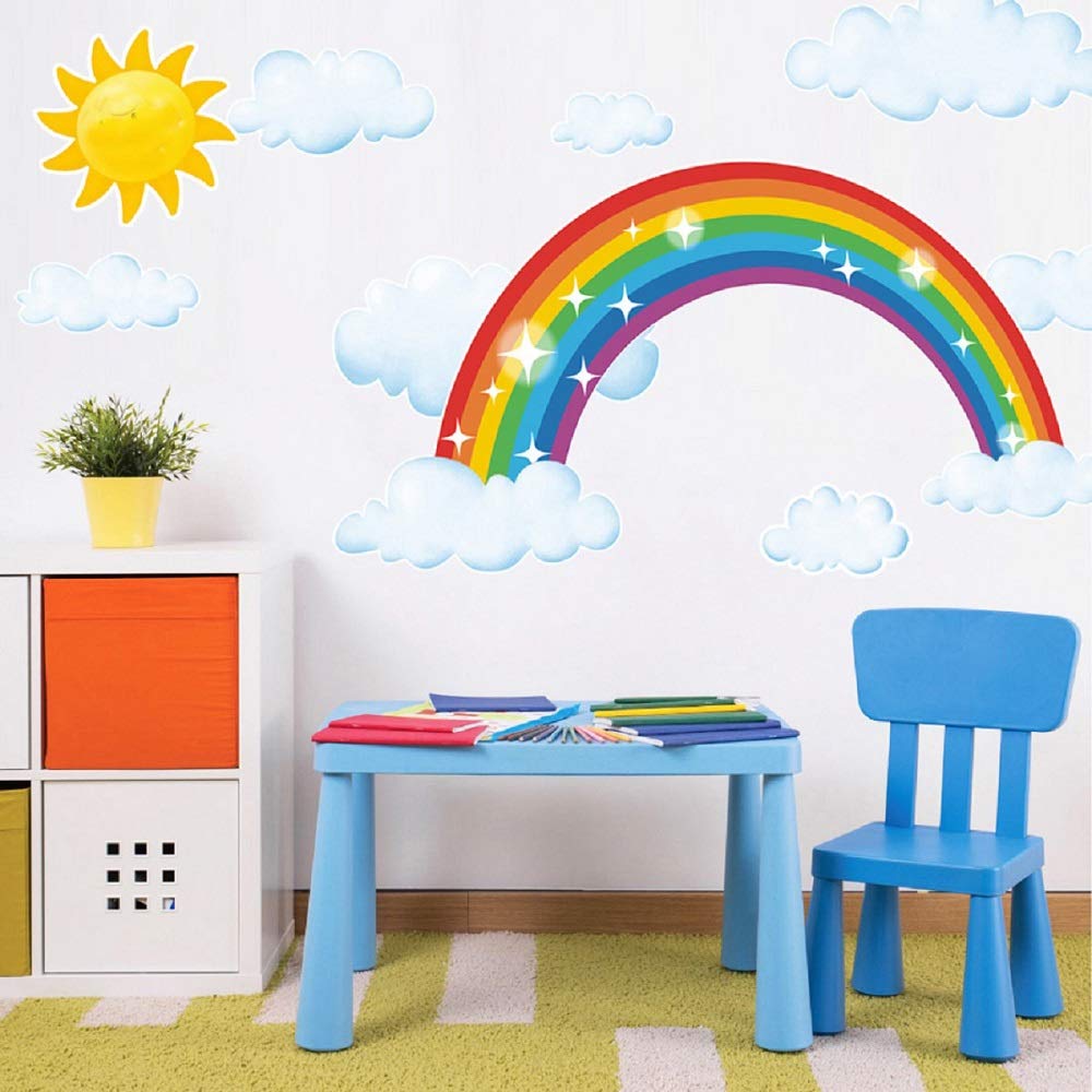 Large Sparkling Rainbow Wall Decal 21.6 x43.7inch, Rainbow Cloud Sun Wall Sticker, Peel and Stick Removable Rainbow with Sun Clouds Wall Stickers Wall Mural for Kids Nursery Bedroom