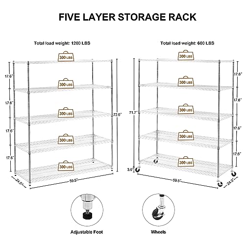JCSTEU 5Tier Heavy Duty Shelves Adjustable, Rolling Organiser for Mobile Wheels, Multi-Functional Cargo Racks for Warehouses, Supermarkets, Balconies, Kitchens, (59.45 "L × 24.02 "W × 71.65 "H)