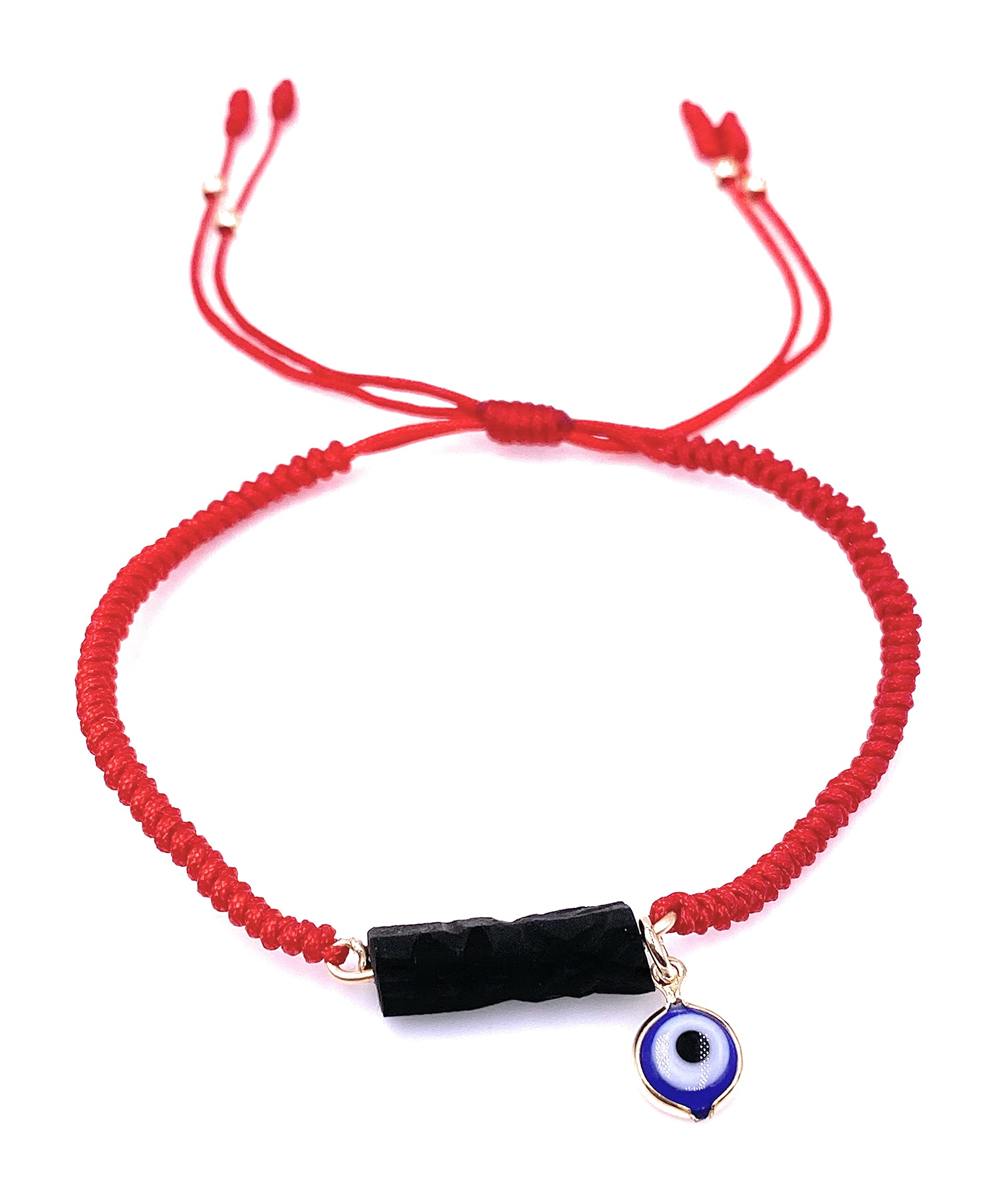 LESLIE BOULES Red Thread Genuine Azabache Hand Bracelet with Small Blue Evil Eye Connector Handmade Jewelry