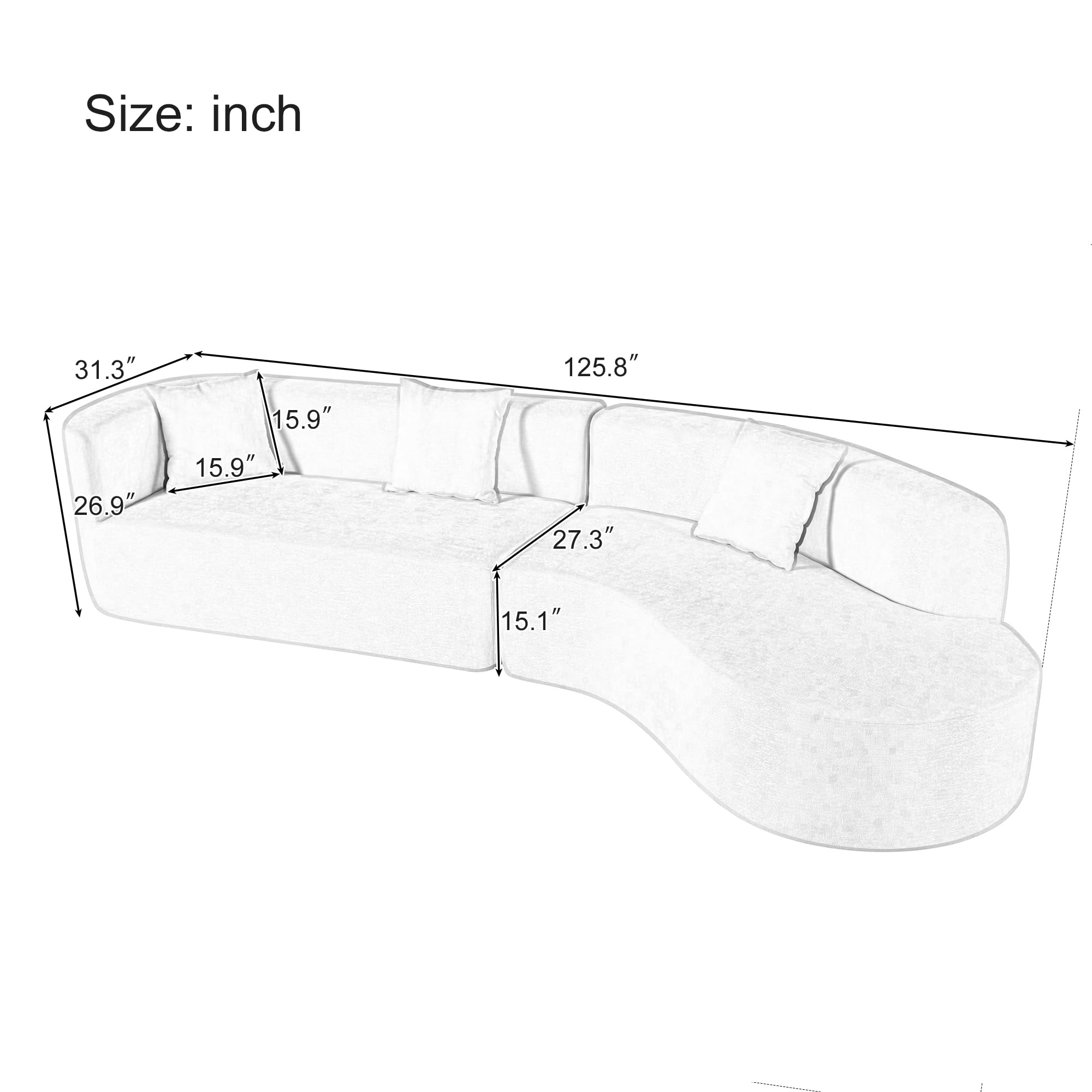WILLIAMSPACE 126" Sectional Curved Sofa Couch, Modern Upholstery Cloud Couch with 3 Pillows, Floor Foam 5 Seater Sofa for Living Room Apartment, No Assembly, Chenille (Right-Facing, Beige)