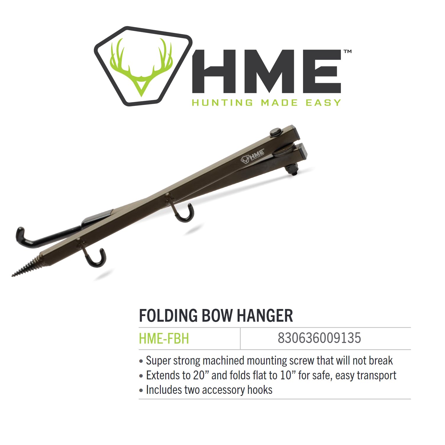 HME Durable Secure Convenient Portable Folding Tree Stand Bow Hanger w/Two Accessory Hooks - Extends to 20", Folds to 10", Olive