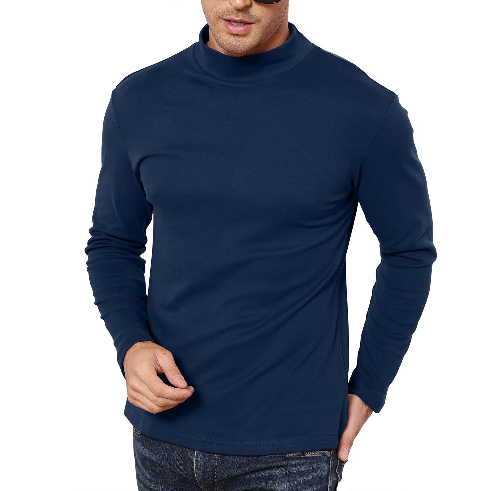 PICKLION Mens Casual Turtleneck Long Sleeve Undershirt Slim Fit Pullover Basic T-Shirts Navy Blue