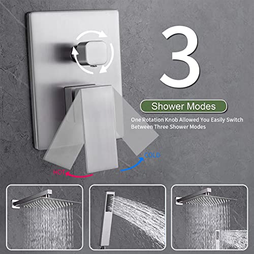 TapLong Brushed Nickel bathroom Luxury Shower System Wall Mounted Shower Faucet Set With High Pressure 10β Square Rain Shower Head and Handheld Shower Head(Rough-In Valve Body and Trim Include)