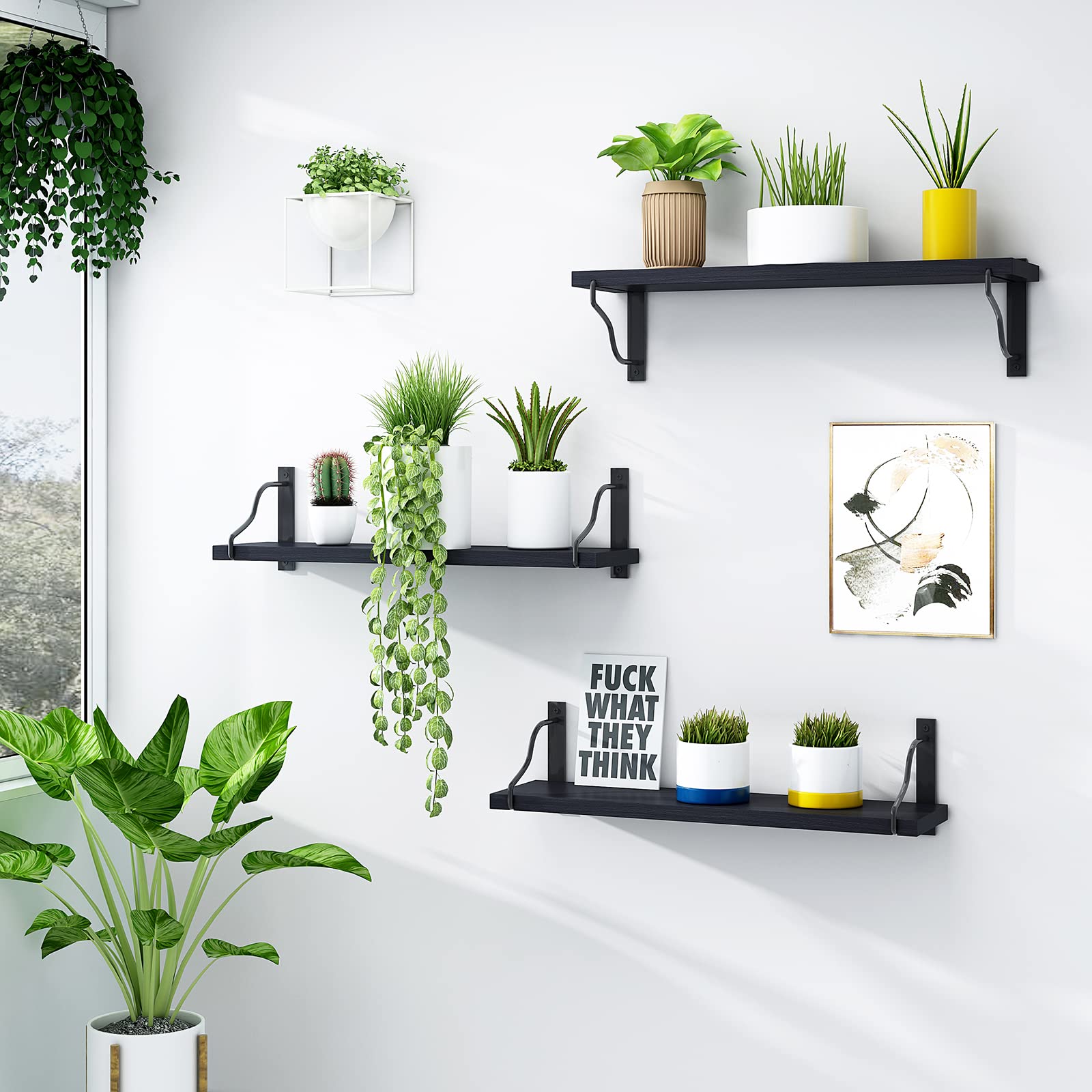Inforth Wall Shelves, Wood Wall Mounted Shelves for Wall Storage, Floating Shelves for Wall Display with Metal Bracket, Hanging Shelves for Bedroom Kitchen Living Room (Black, 17 Inches)