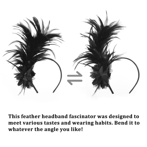 LyMet Women's 1920s Feather Fascinator Headband, Tea Party Flower Headpiece Derby Hat for Cocktail Gatsby Wedding (Black)