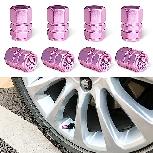 Ziciner 8 PCS Car Tire Valve Caps, Aluminum Alloy Wheel Valve Stem Covers with Rubber Ring, Corrosion Resistant Leak-Proof Tire Valve Cap Set, Universal for SUV, Truck, Motorcycle, Bike (Pink)