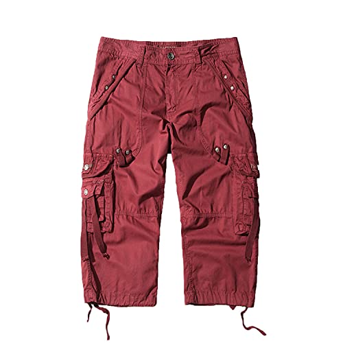 Men's Ripstop Workout Gym Shorts Quick Dry 3/4 Capri Pants Short Multi Pockets Hiking Athletic Running Shorts (Red,30)