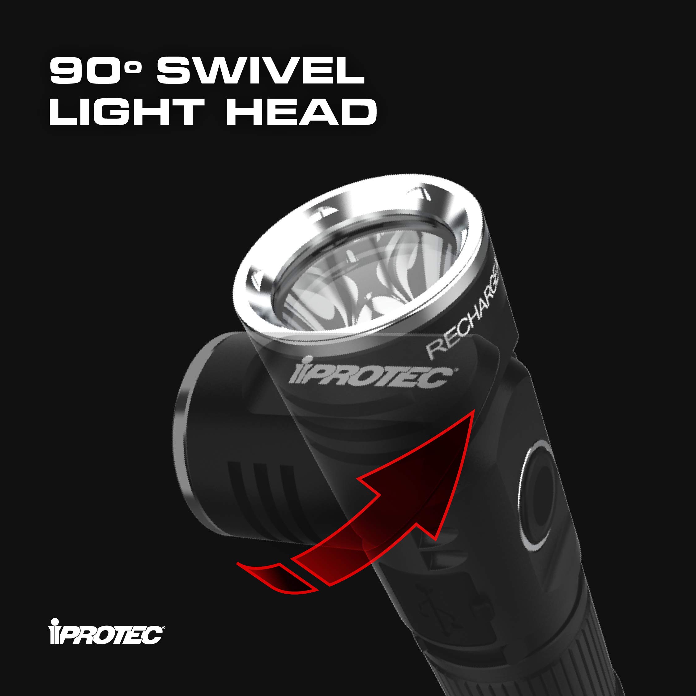 iProtec PRO500RCAngle 500 Lumen 90 Degree Pivoting Flashlight, USB Rechargeable Angled Tactical Work Light with Rotating Head 3 Light Modes; Pocket Clip Magnetic Base for Hands-Free Lighting