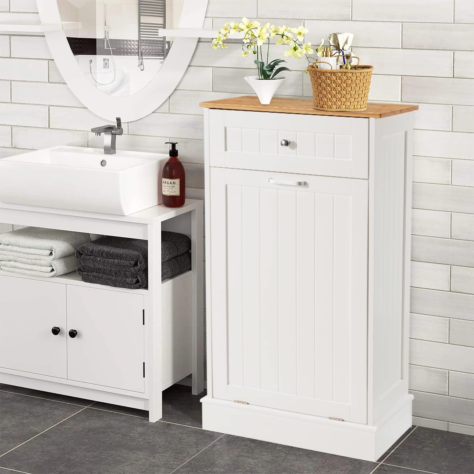 YDTOP Tilt Out Trash Can Cabinet 10 Gallon, Kitchen Freestanding Wood Recycling Trash Cabinet with Drawer & Cutting Board, Pet Proof Hidden Garbage Bin Holder for Home Laundry Bathroom, White