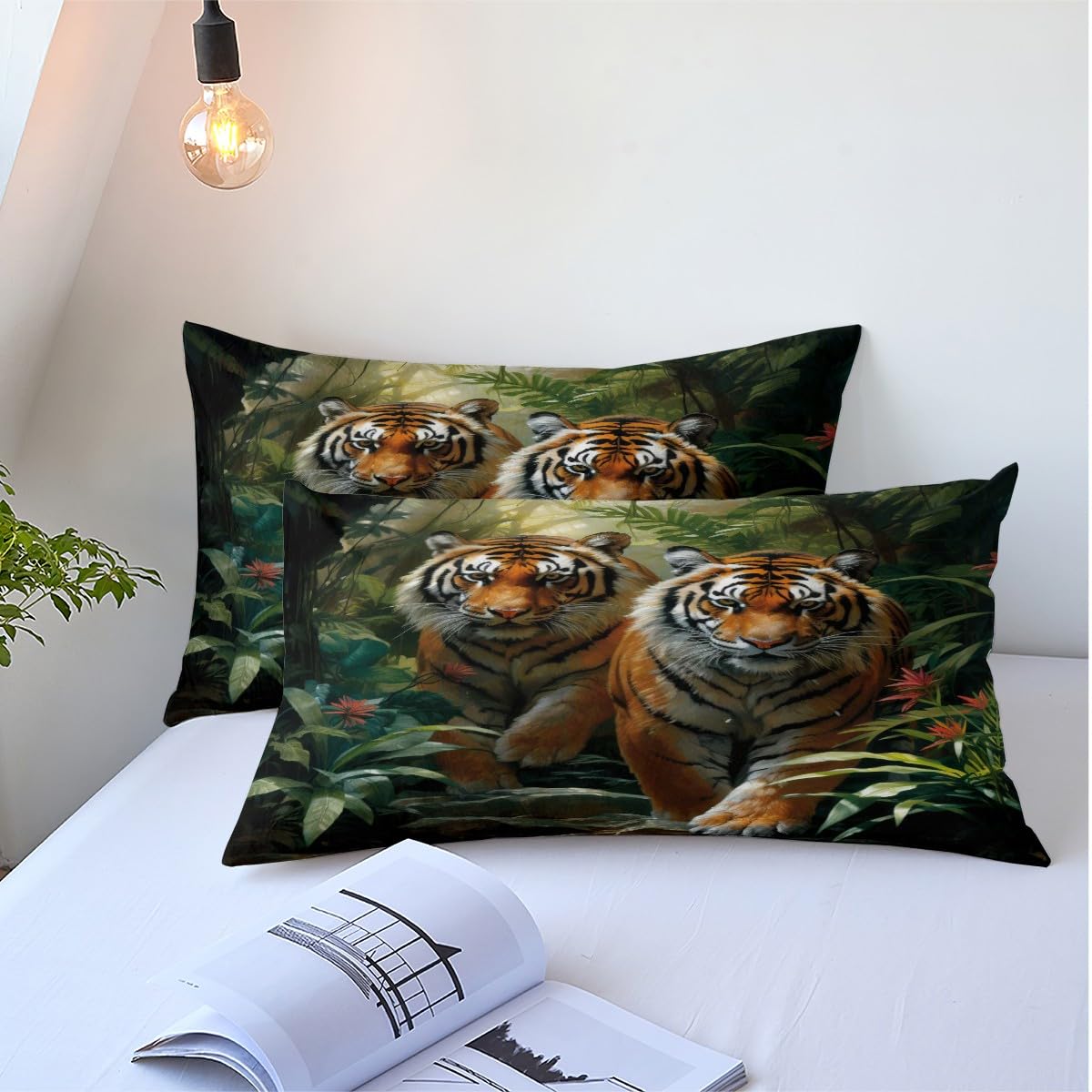 Ydtwnyq Tiger Bedding Set King, Dark Green Comforter Set, Tropical Plants Wildlife Animal Tiger Comforter Set Quilt Cover with 2 Pillowcases for Kids Teens Adults
