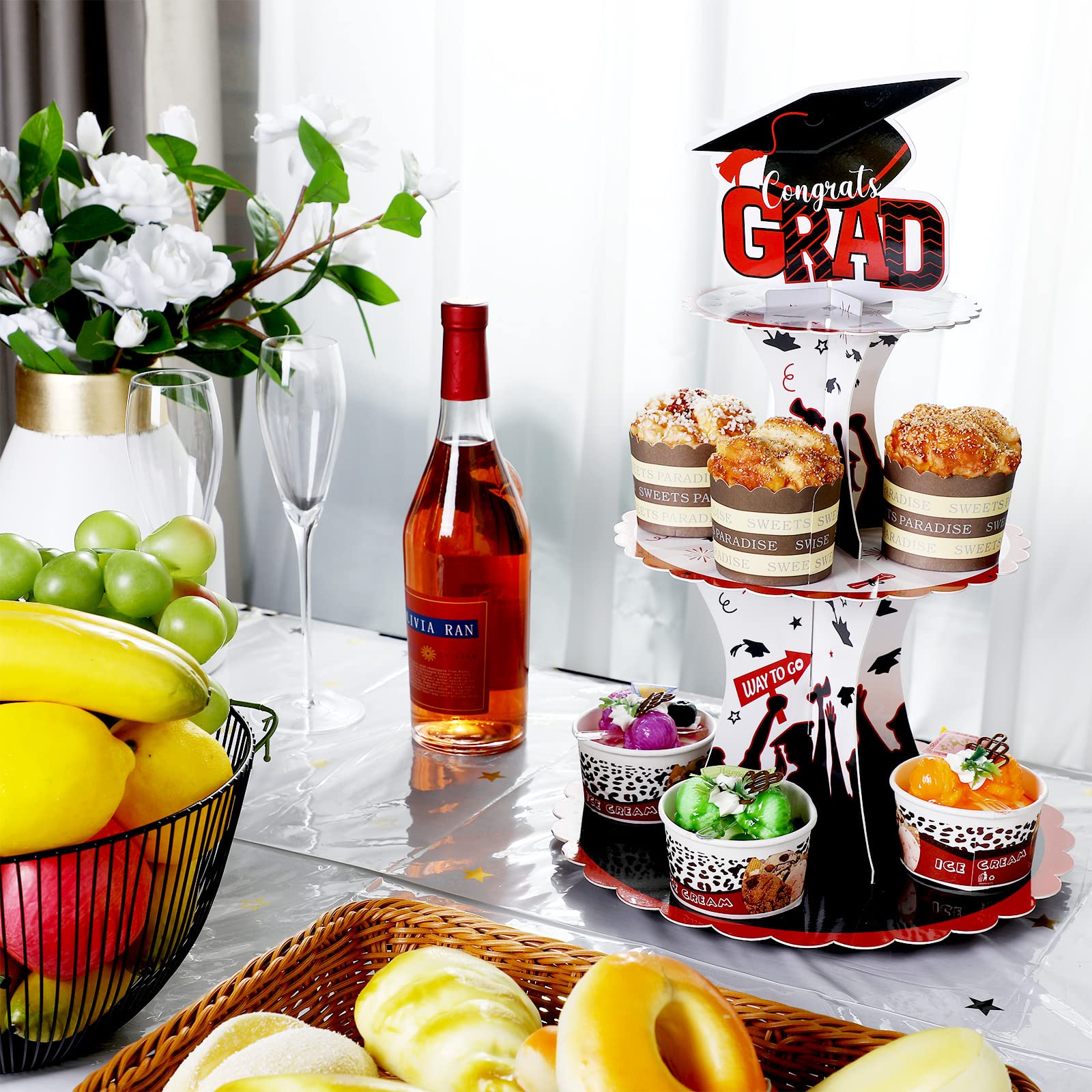 Nuenen 2 Pieces Graduation Cupcake Stand 3 Tier Black Graduation Cupcake Holder 2024 Congrats Grad Cupcake Holder Dessert Tower for Graduation Party Decorations Supplies Favors (Red)