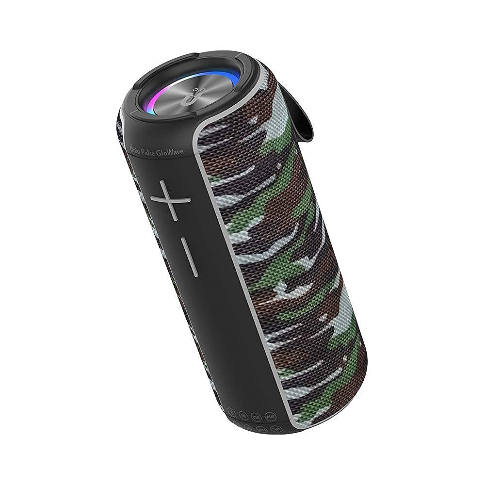 IPX 7 Waterproof Uolo Pulse Glowave Bluetooth & FM Radio Portable Wireless Speaker [16W] Stereo Sound, 24+ Hours Playtime, Built-in Mic & LED colors Lights-Compatible for iPhone, Samsung [Camo]
