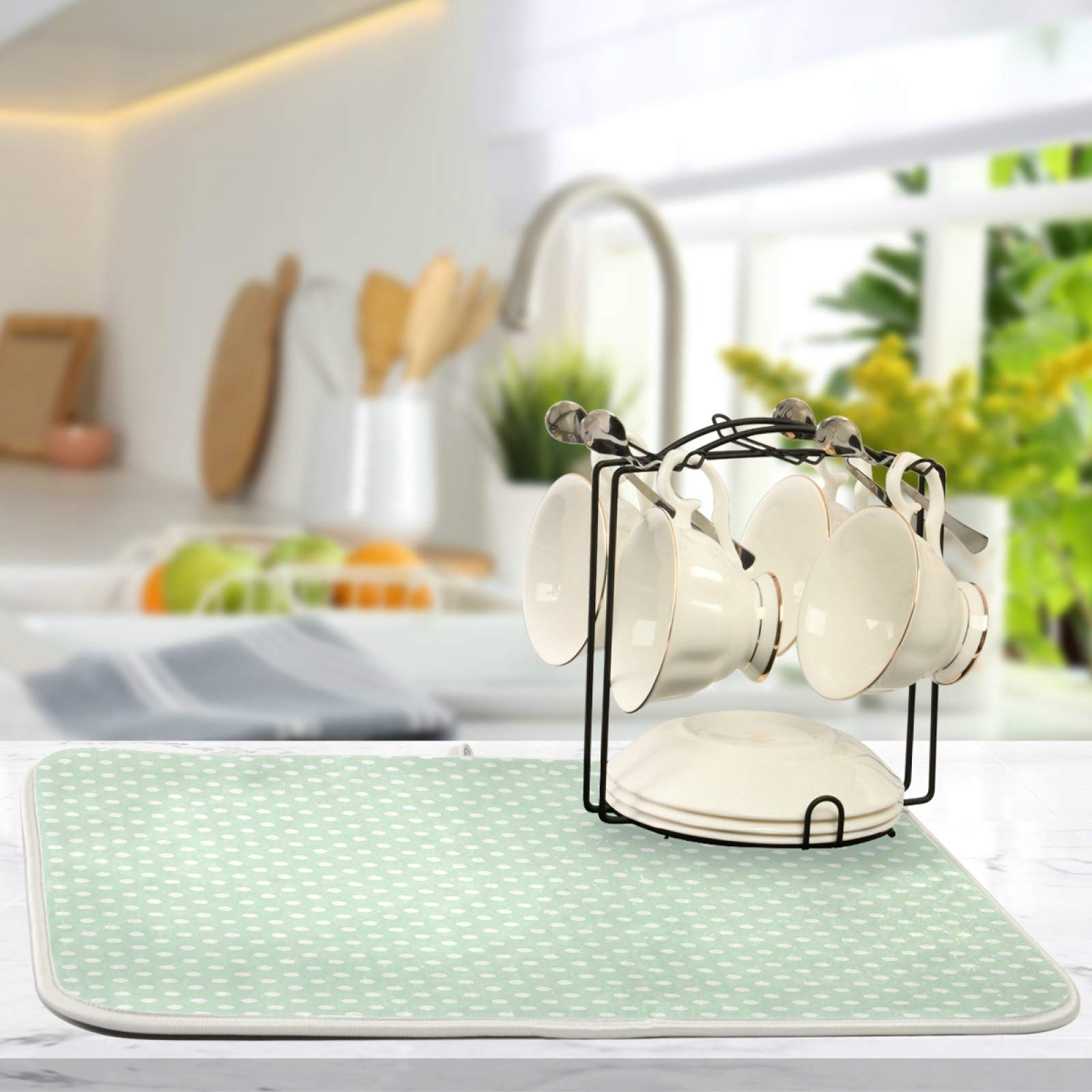 Mint Green Polka Dots Dish Drying Mat 16x18 for Kitchen Counter Cute Pastel Microfiber Dishes Pad Dish Drainer Rack Mats Absorbent Coffee Bar Mats Quick Drying Kitchen Accessories