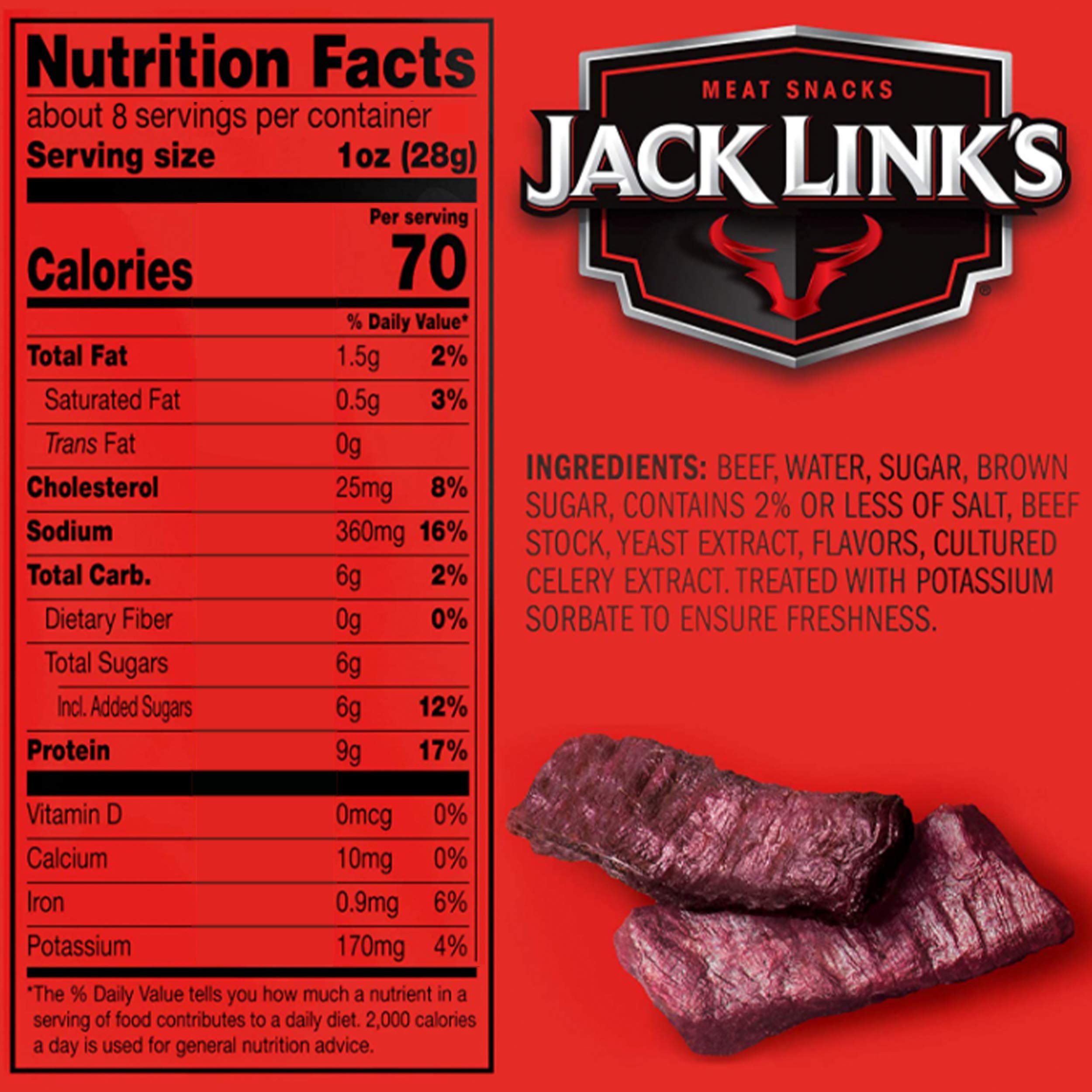 Jack Link's Steak Strips, Beef Jerky, Original Flavor, Snack Bags, Extra Thick Cut Protein Snacks, Ready to Eat - 9g of Protein and 70 Calories Per Serving, Made with Premium Beef, 8 Ounce (Pack of 2)