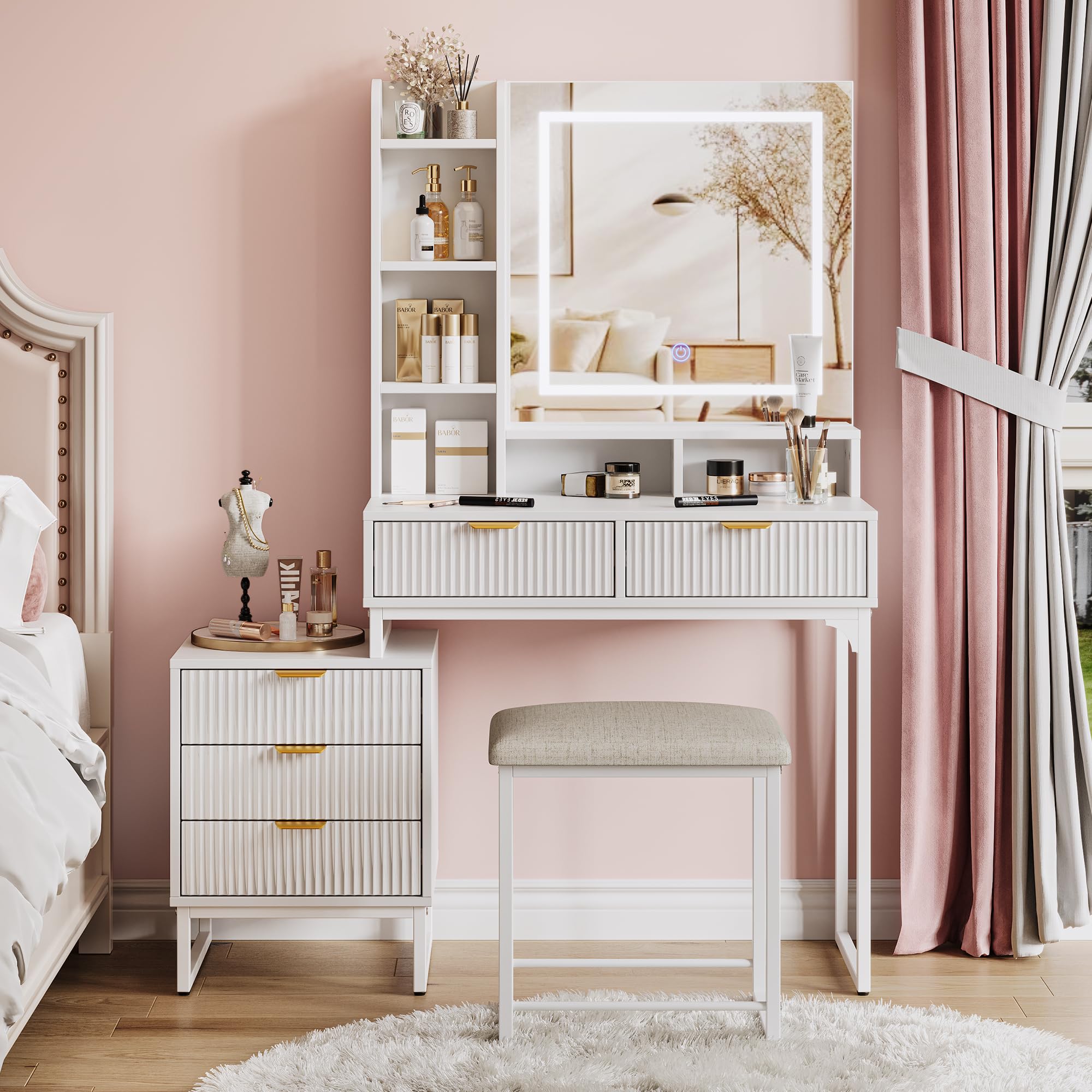 White Vanity Makeup Desk, Vanity Set with Mirror and 3-Mode Lights, 5 Drawers Vanity Table with Removable Side Storage Cabinet, Stool for Bedroom