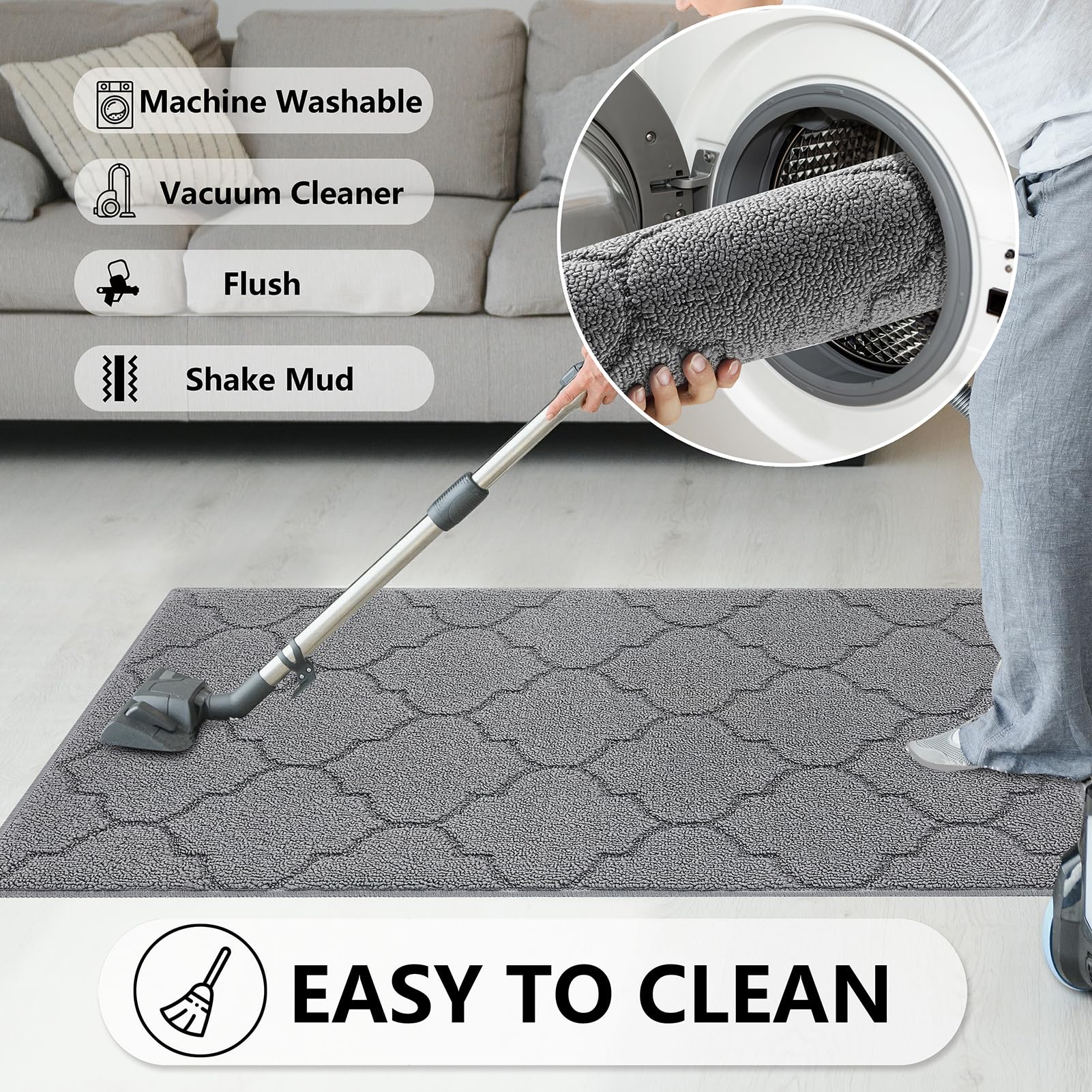 REFETONE Indoor Doormat, Front Back Door Mat, 20x32, Non-Slip Absorbent Resist Dirt Door Mats, Machine Washable Low-Profile Inside Floor Mat Door Rugs for Entryway, Grey
