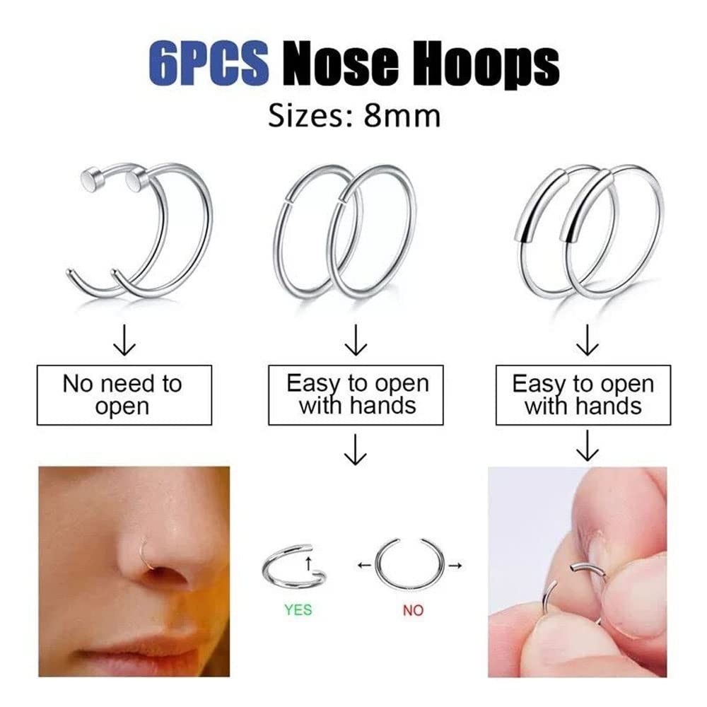 Piercingpops 24Pcs Surgical Stainless Steel Mixed Nose Stud Nose Ring Hoop Cartilage Earrings Nose Piercing Body Jewelry for Women Men Set (A:24PCS - Silver(Nose Screws Style))