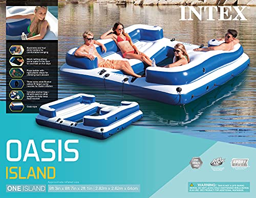 Intex 58293EP Oasis Island Inflatable Giant 5 Person Lake Floating Lounge Raft with Backrests, Armrests, 4 Cup Holders, and Rope Ladder