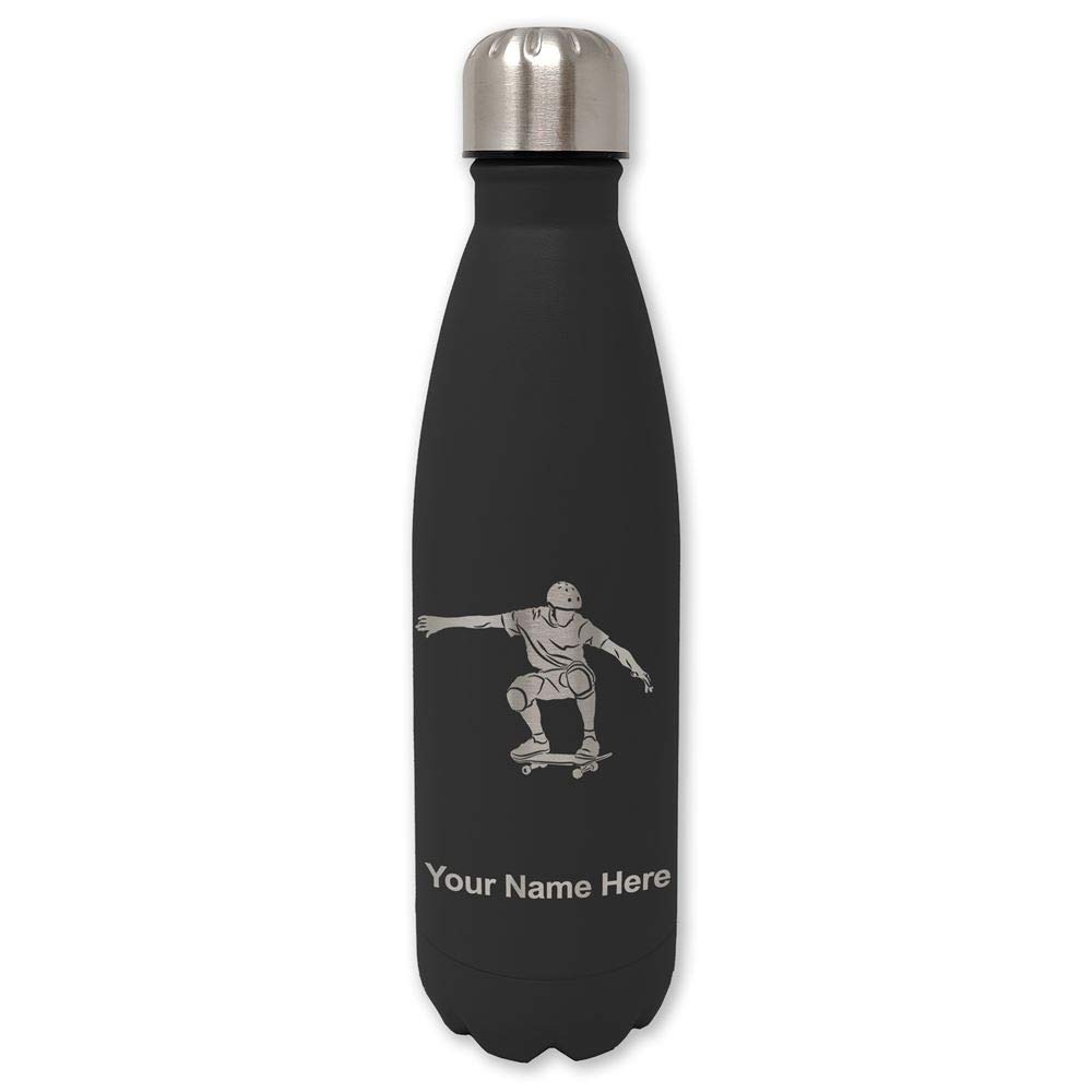 LaserGram Double Wall Stainless Steel Water Bottle, Skateboarding, Personalized Engraving Included (Black)