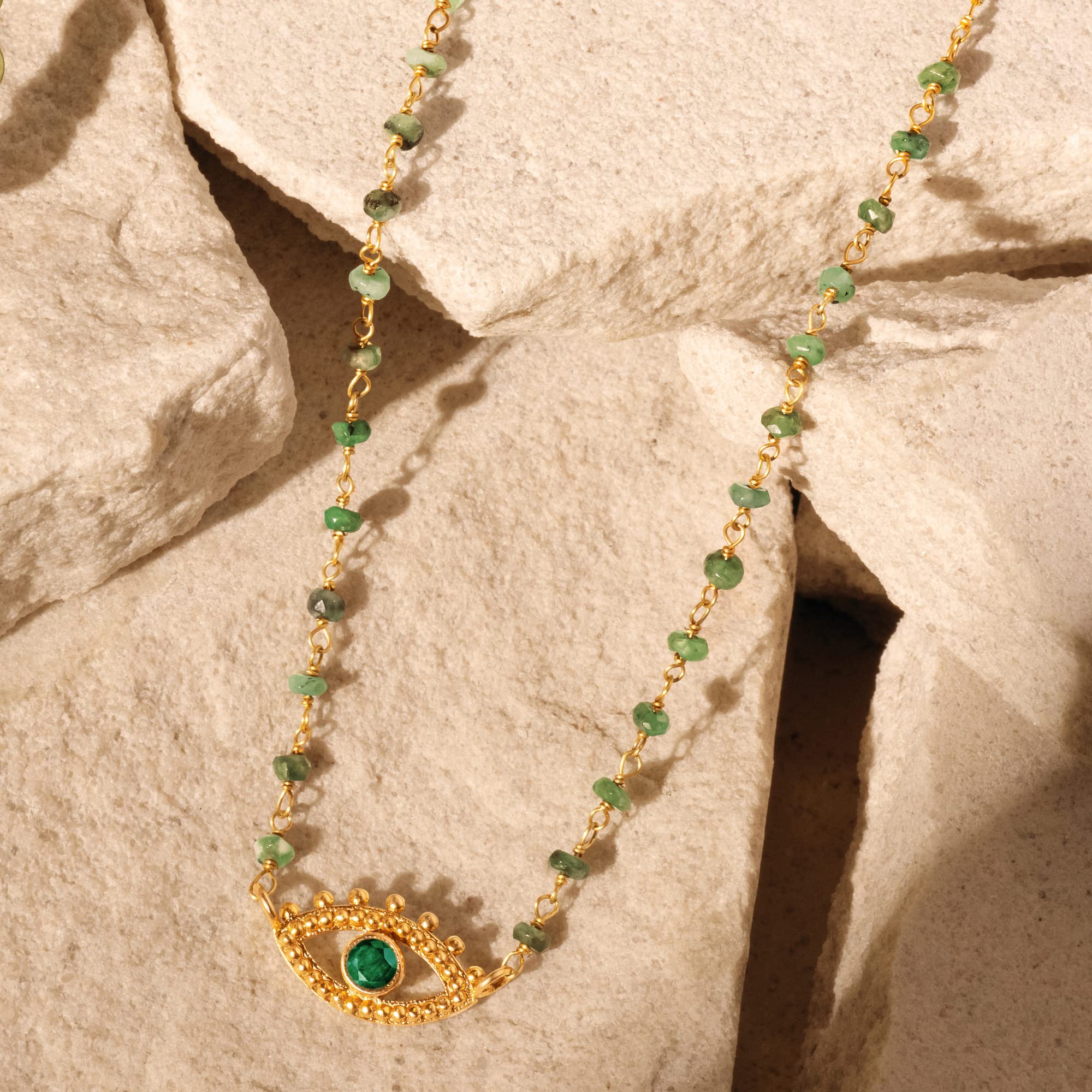 KARMA AND LUCK - Steady Guidance - Women's Real Emerald Stone 18K Gold Plated Brass Evil Eye Charm Necklace Handmade India to Deflect Negativity