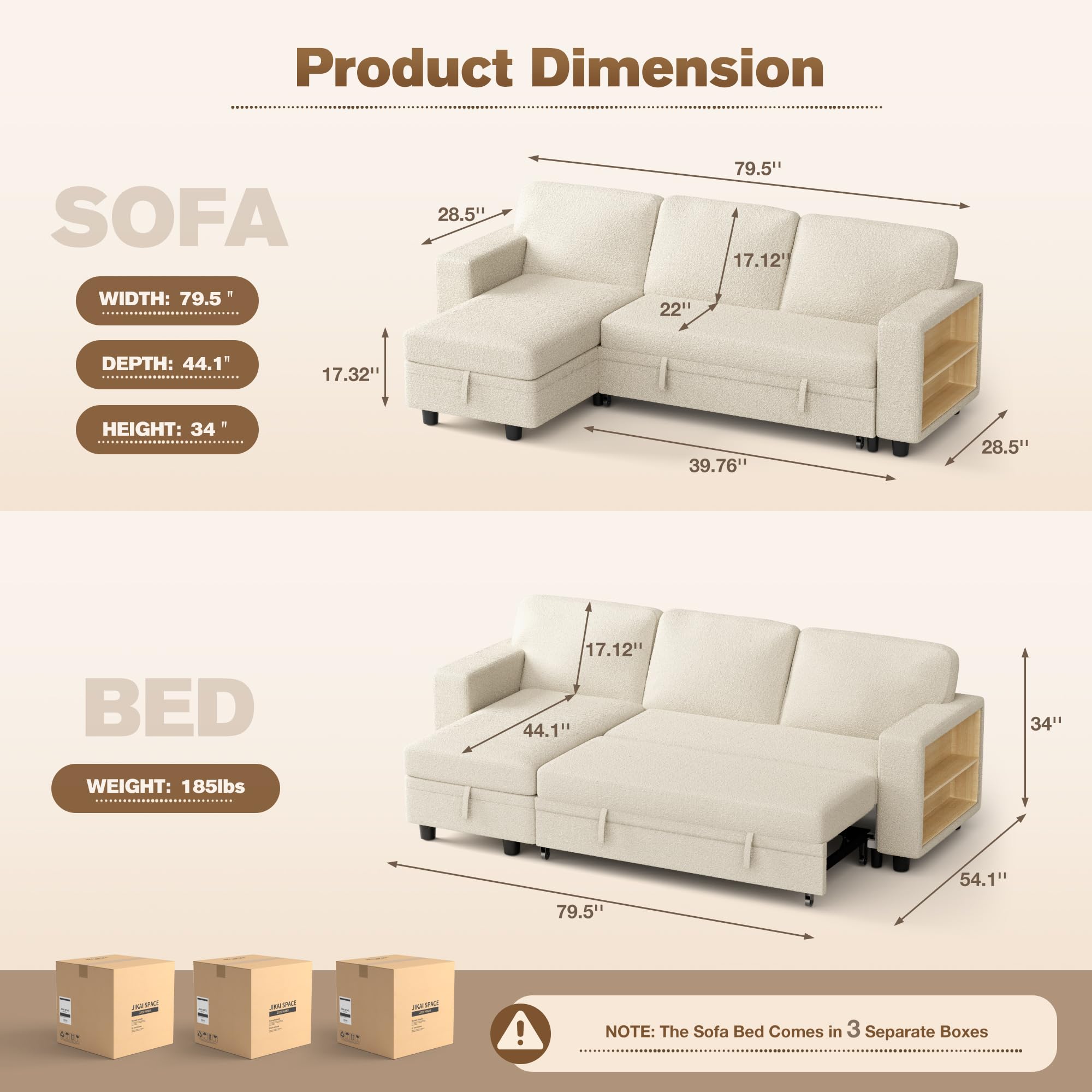 YESHOMY L-Shaped Sofa Bed Convertible Sectional Couch for Living Room with Pull Out Sleeper, Storage Chaise & 2 Built-in Bookcases, Light Beige
