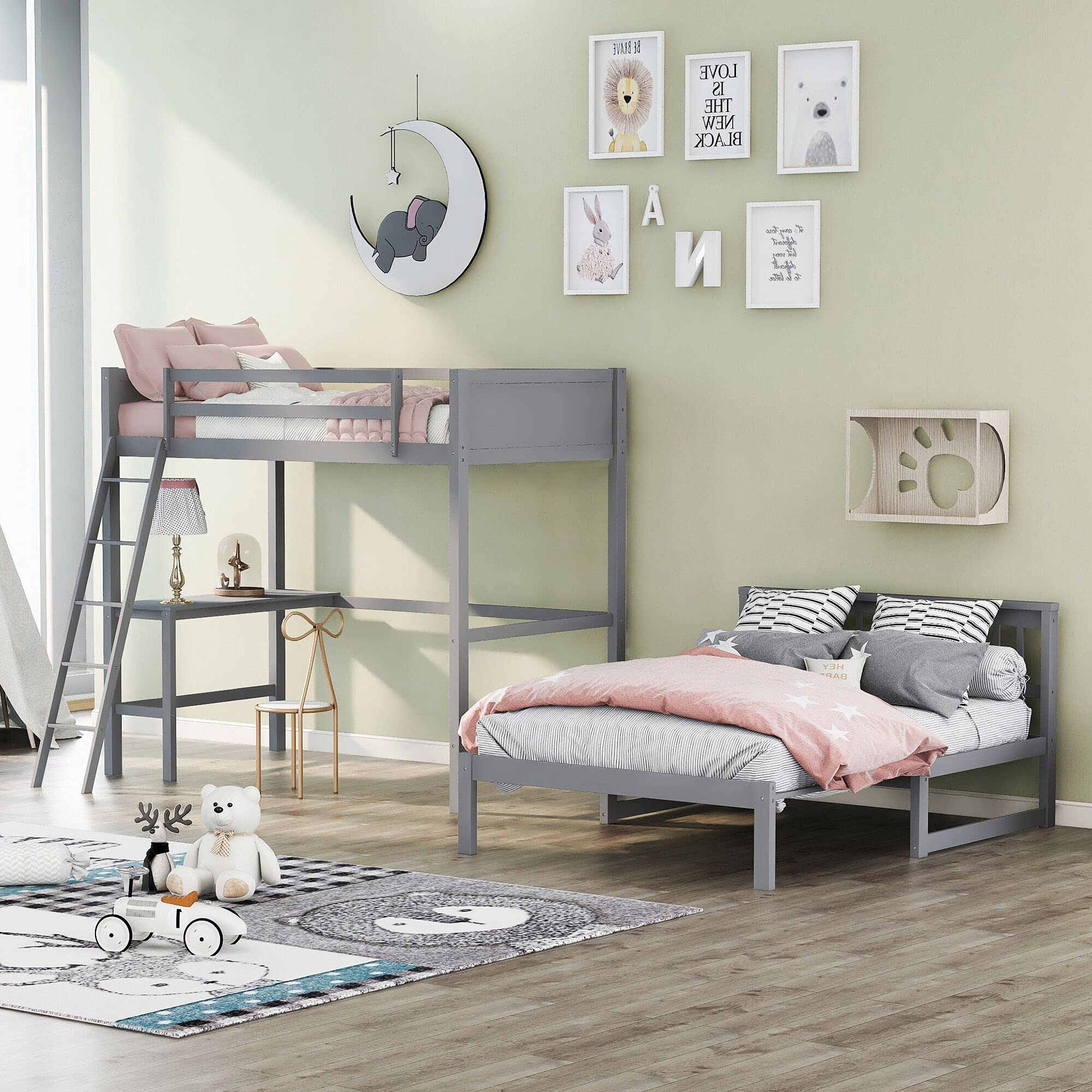 MERITLINE Twin Loft Bed with Convertible Lower Bed, Wood Kids Loft Bed with Desk, Twin over Full Bunk Bed with Ladder,No Box Spring Needed,Grey
