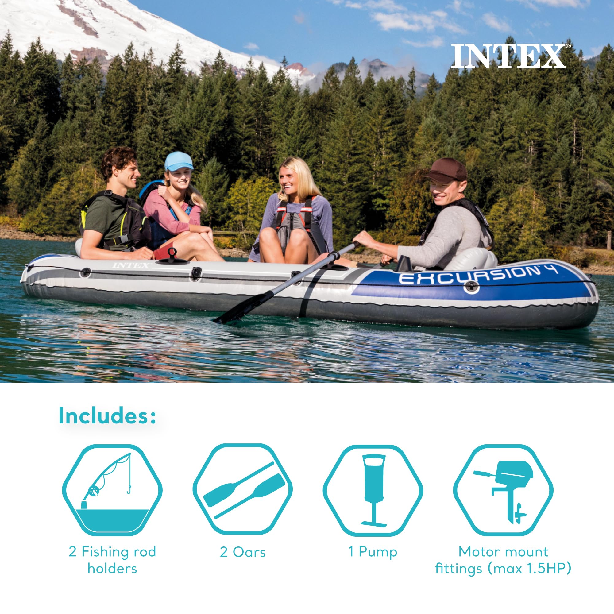 INTEX 68324EP Excursion 4 Inflatable Boat Set: Includes Deluxe 54in Boat Oars and High-Output Pump β Adjustable Seats with Backrest β Fishing Rod Holders β 4-Person β 1100lb Weight Capacity