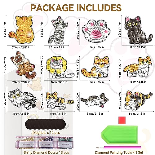 Vcekract 12 PCS Diamond Painting Refrigerator Magnets, Cat Diamond Painting Kits for Adults, Diamond Art Kits for Home Decor, Small Diamond Art Crafts