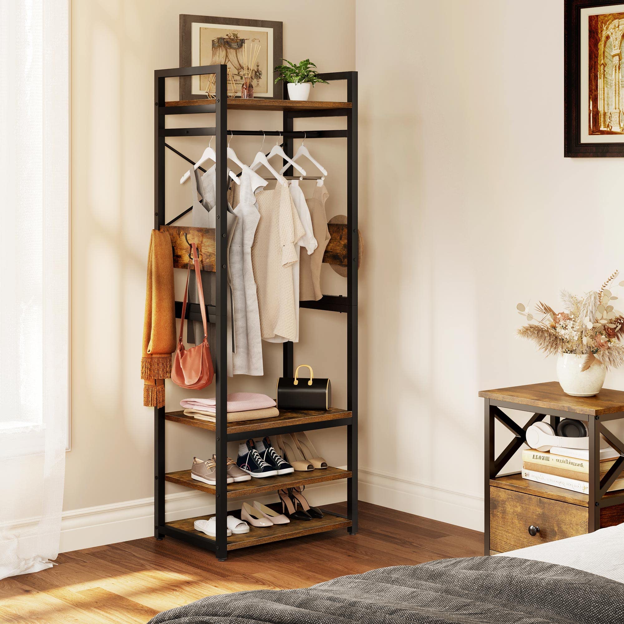 YITAHOME Small Heavy Duty Clothes Rack with Storage Shelves and Hanging Rod, Industrial Hall Tree Garments Rack, Freestanding Closet Organizer for Small Space, Entryway, Bedroom, Rustic Brown
