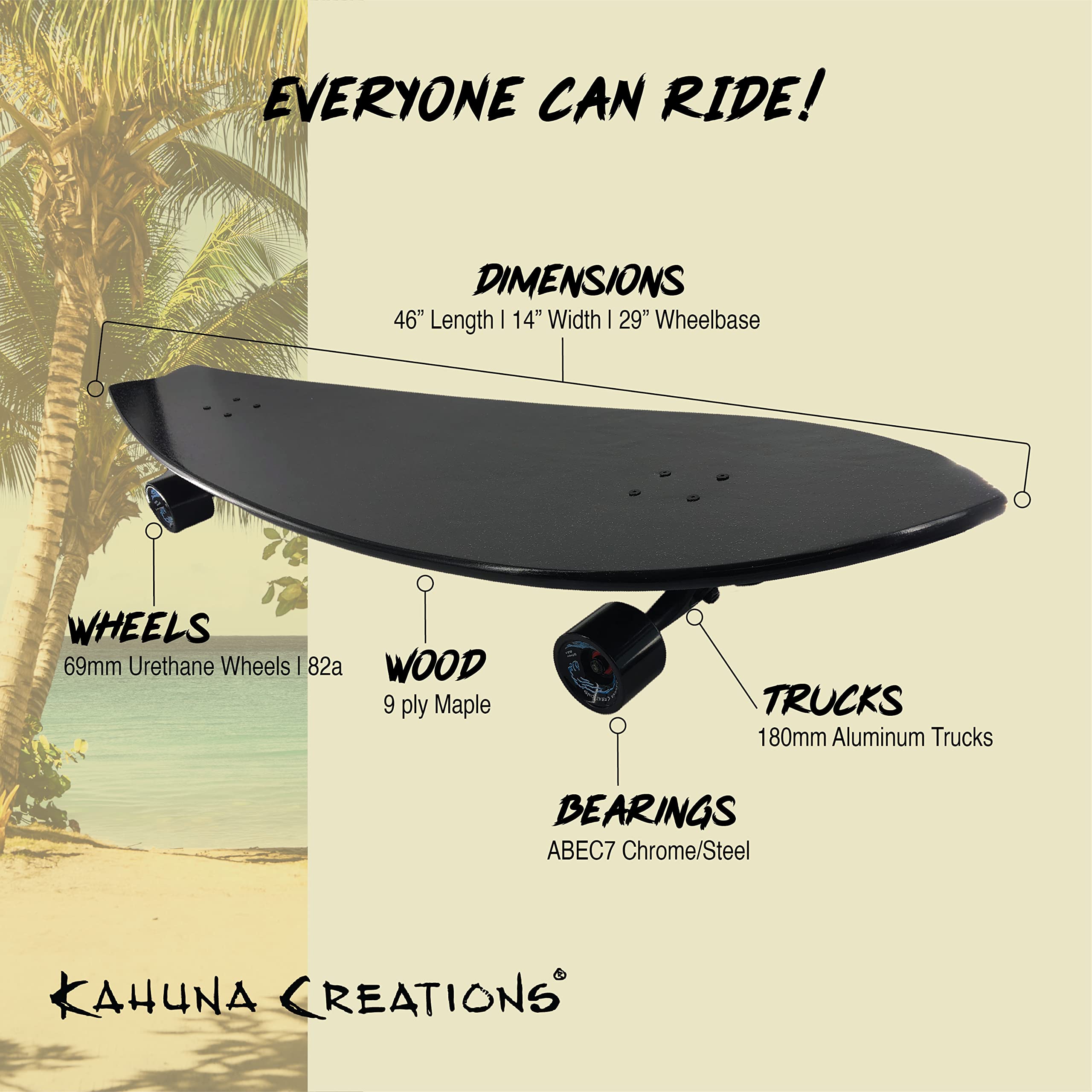 Kahuna Creations 46” Longboard Skateboard Fishtail Rocker Cruiser w/ 180mm Trucks, 69mm 82a Wheels, ABEC7 Bearings … (Shaka Kahili)