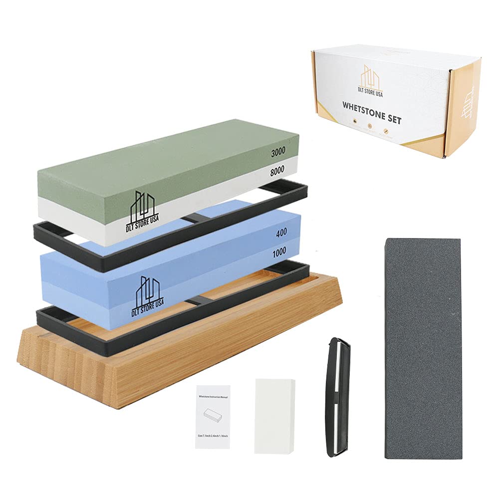 Knife Sharpening Stone Kit, DLT Store USA Professional Whetstone Sharpener Stone Set, Premium 2 Side Grit 400/1000 3000/8000 Water Stone, Flattening Stone, Non Slip Bamboo Base & Angle Guide
