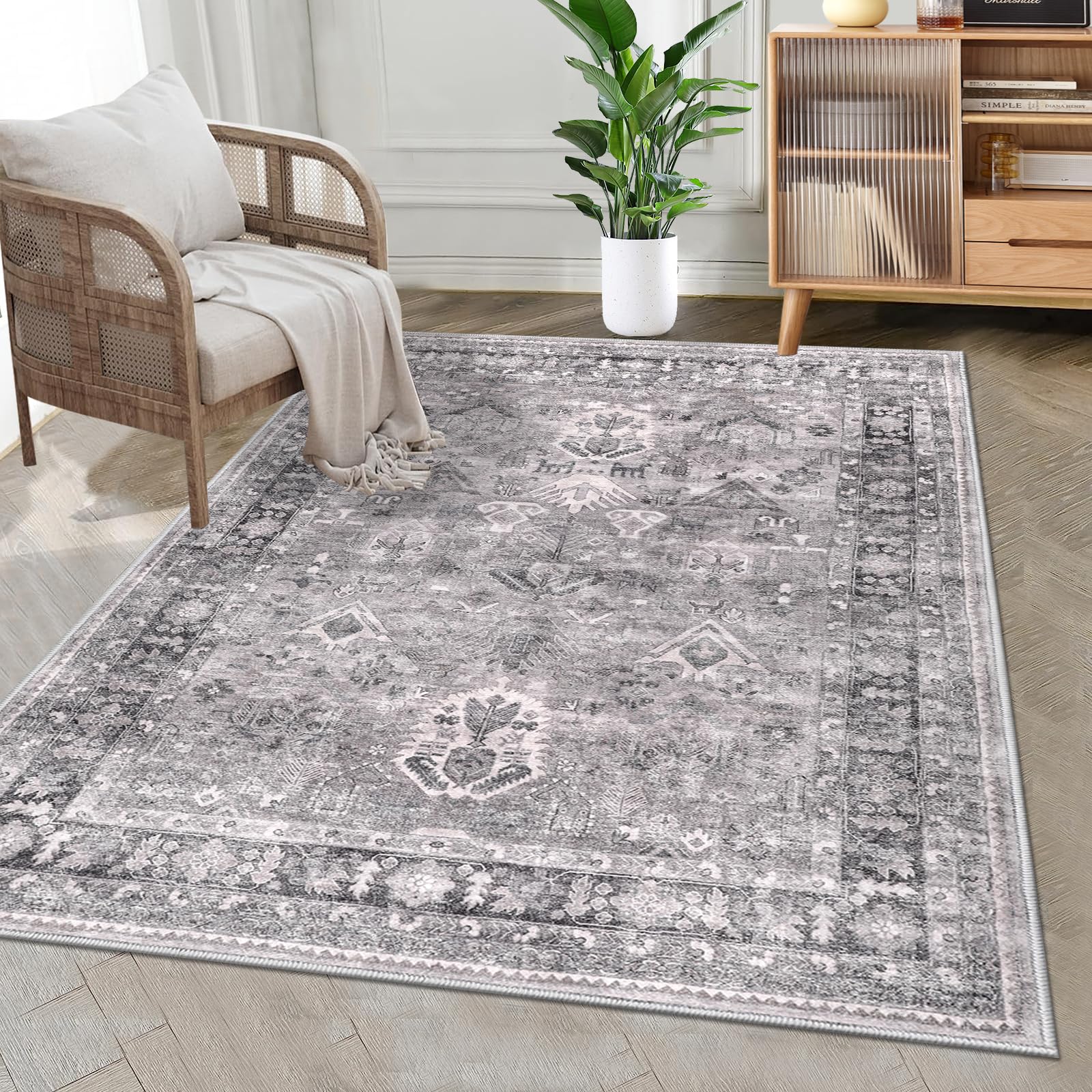 HEBE Washable Area Rug 3x5 Entry Rug Soft Distressed Area Rugs Non Slip Indoor Door Mat Boho Rug Oriental Accent Throw Rug Floor Carpet for Bedroom Kitchen Entryway Bathroom