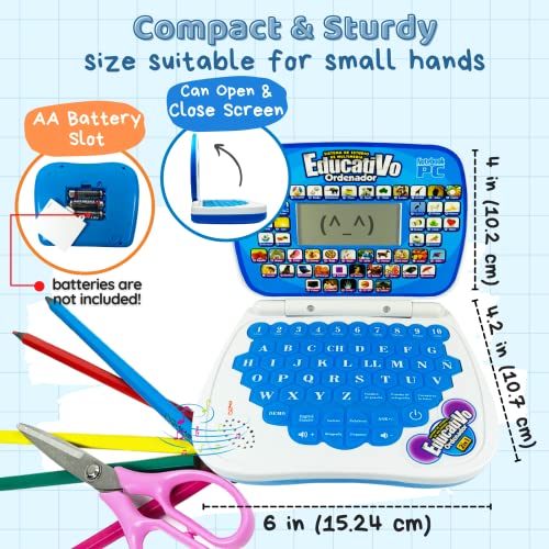 ZeenKind Bilingual Spanish English Learning Small Laptop Toy with Screen for Kids, Toddlers, Boys and Girls | Educational Computer to Learn Alphabet ABC, Numbers, Words, Spelling, Maths, Music.