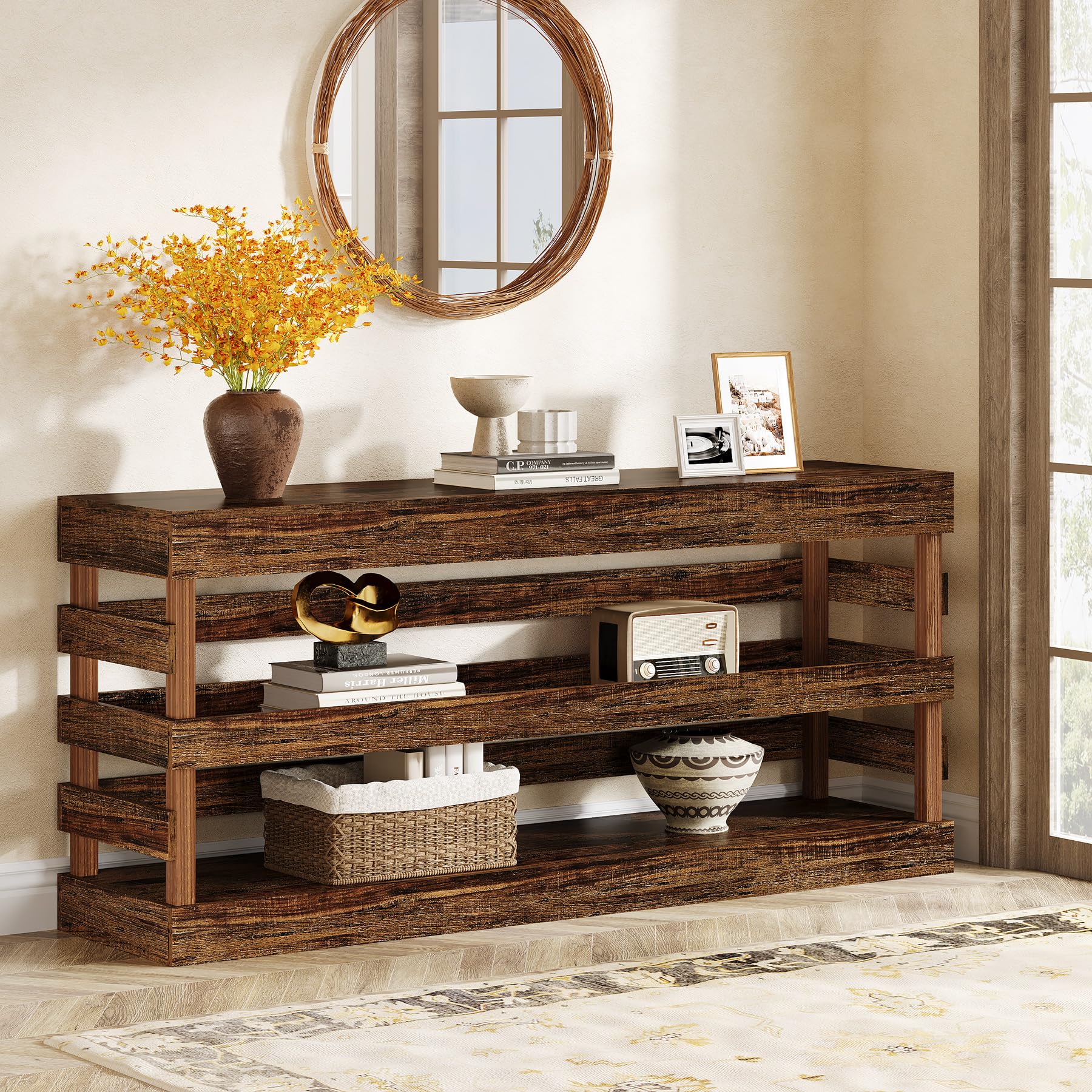 Tribesigns 70.9-Inch Extra Long Console Table, Farmhouse Entryway Table with 3-Tier Storage Shelf, Narrow Sofa Table Behind Couch, Wood Console Table for Living Room, Hallwahy, Foyer