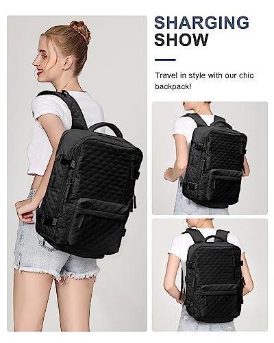 Travel Carry On Backpack for Women, Waterproof Laptop Backpack for Traveling on Airplane Hiking Gym Backpack with USB Charging Port Shoe Compartment, Black