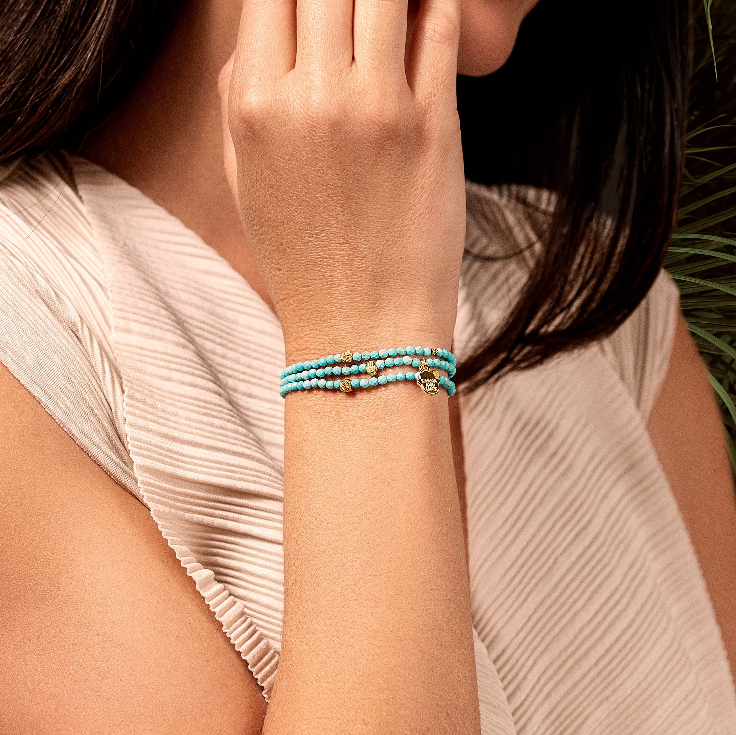 KARMA AND LUCK - Blessed Tranquility - Women's Real Turquoise Stone 18K Gold Plated Multi Symbol Hamsa Hand OM Charm Adjustable Wrap Bracelet - Ready to gift for her