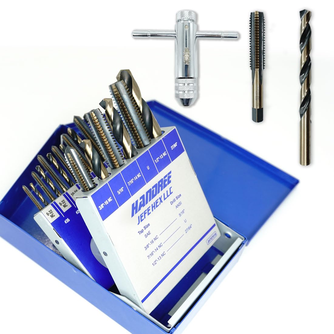JEFE HEX 18-Piece Drill and Tap Set with 1 Piece T-Handle Ratchet Tap Wrench Capacity Range #0-1/4", Black and Gold Premium HSS Jobber Length Drill Bits and Hand Plug Taps with Metal Indexed Box