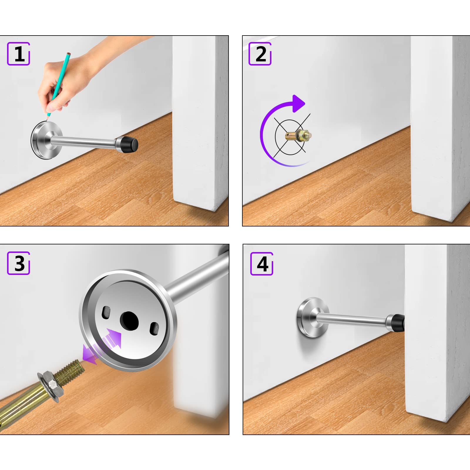 HUTLON Door Stop, 4 Pack Door Stopper with Rubber Tip, 5 Inch Stainless Steel Wall-Mount Door Stop, Extra Long Solid Rigid Door Stops