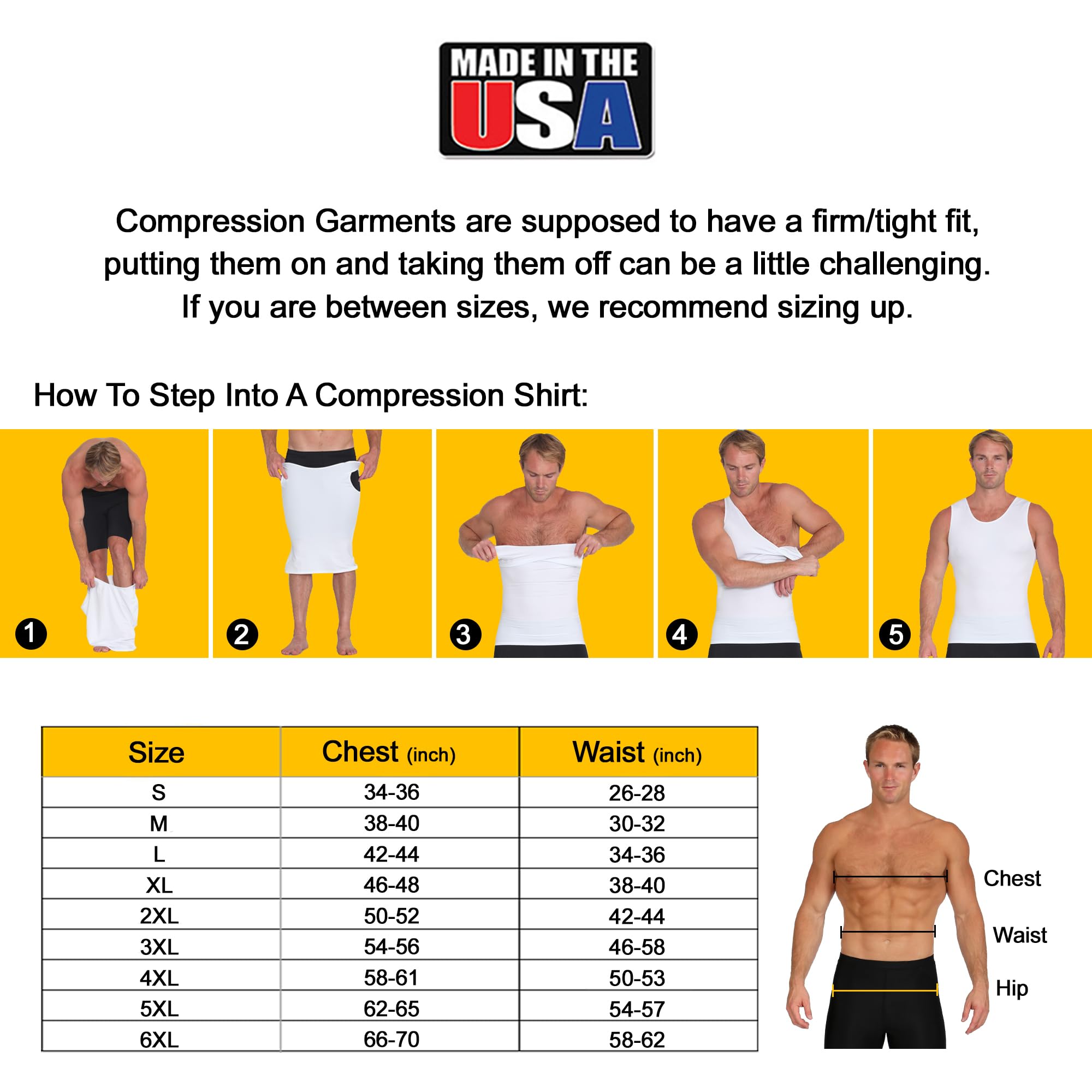 Insta Slim - Made in USA - 3 Pack - Compression Muscle Tank Top Body Shaper for Men. Tummy Control Slimming Shapewear Undershirt for Gynecomastia, Beer Belly & Back Support (White, LG)